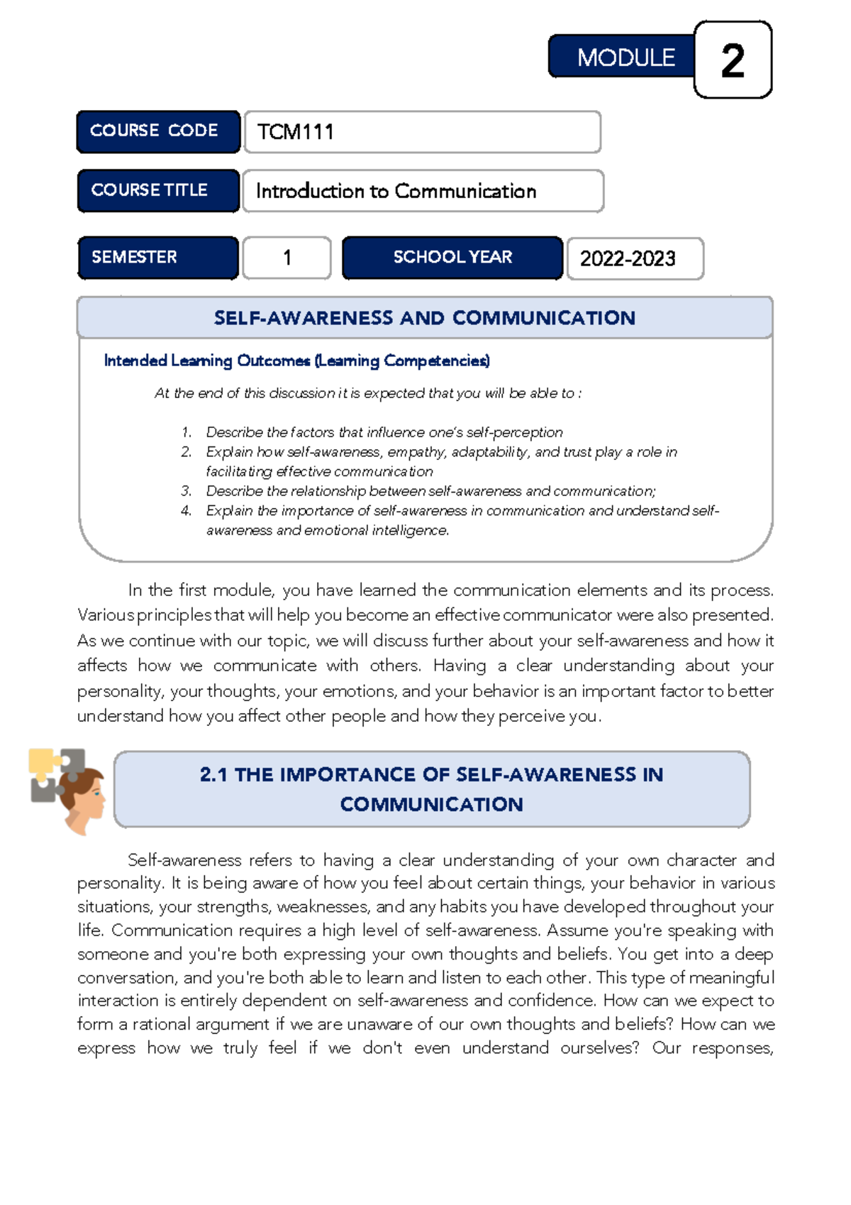 Self-Awareness and Communication - In the first module, you have ...