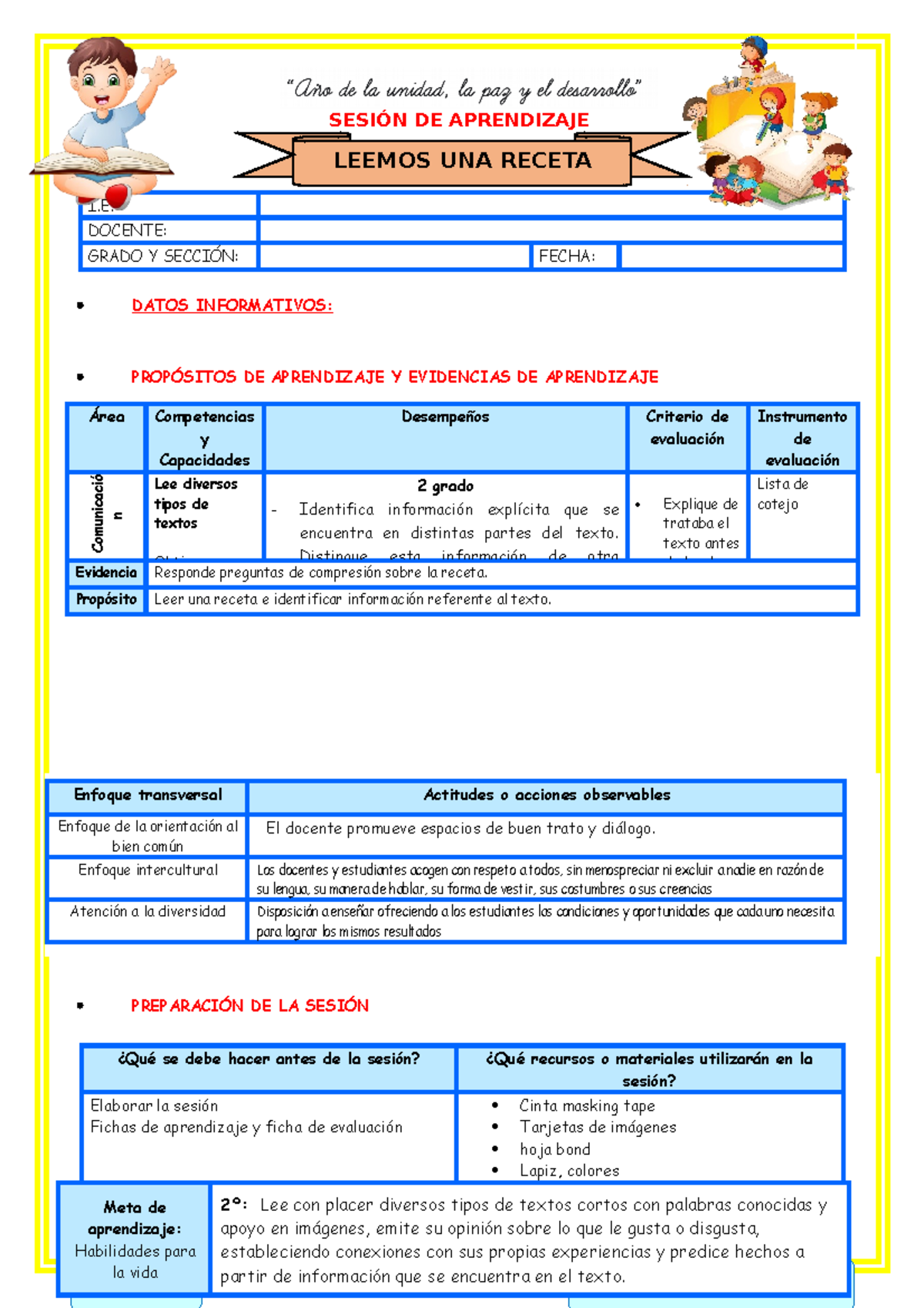 Leemos UNA Receta - sesion de comunicación - SESIÓN DE APRENDIZAJE I. DOCENTE: GRADO Y SECCIÓN ...