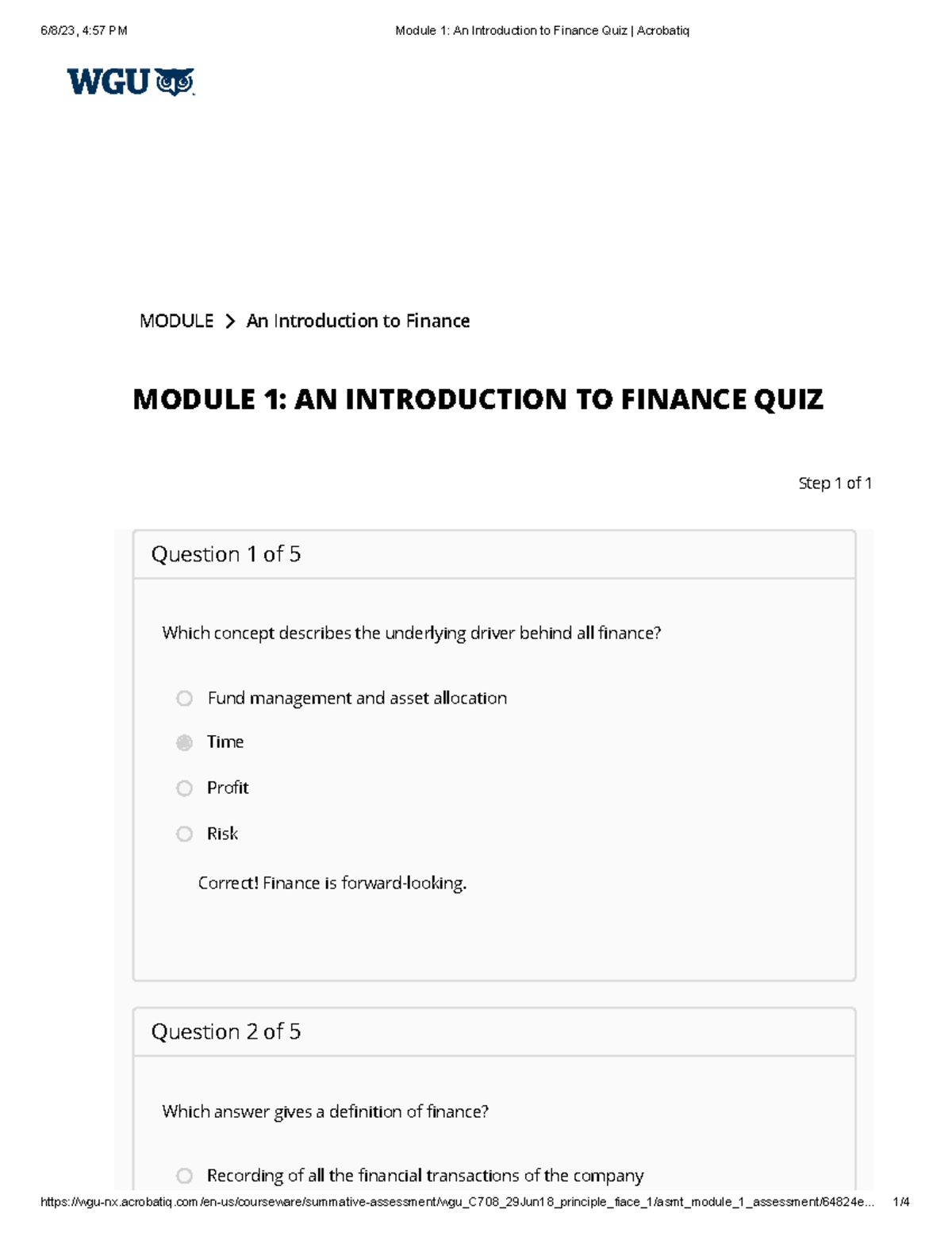 Module 1 An Introduction to Finance Quiz Acrobatiq - C 708 - WGU - Studocu