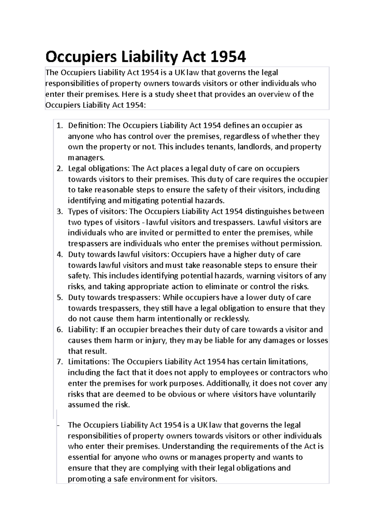Occupiers Liability Act 1954 - Here is a study sheet that provides an ...
