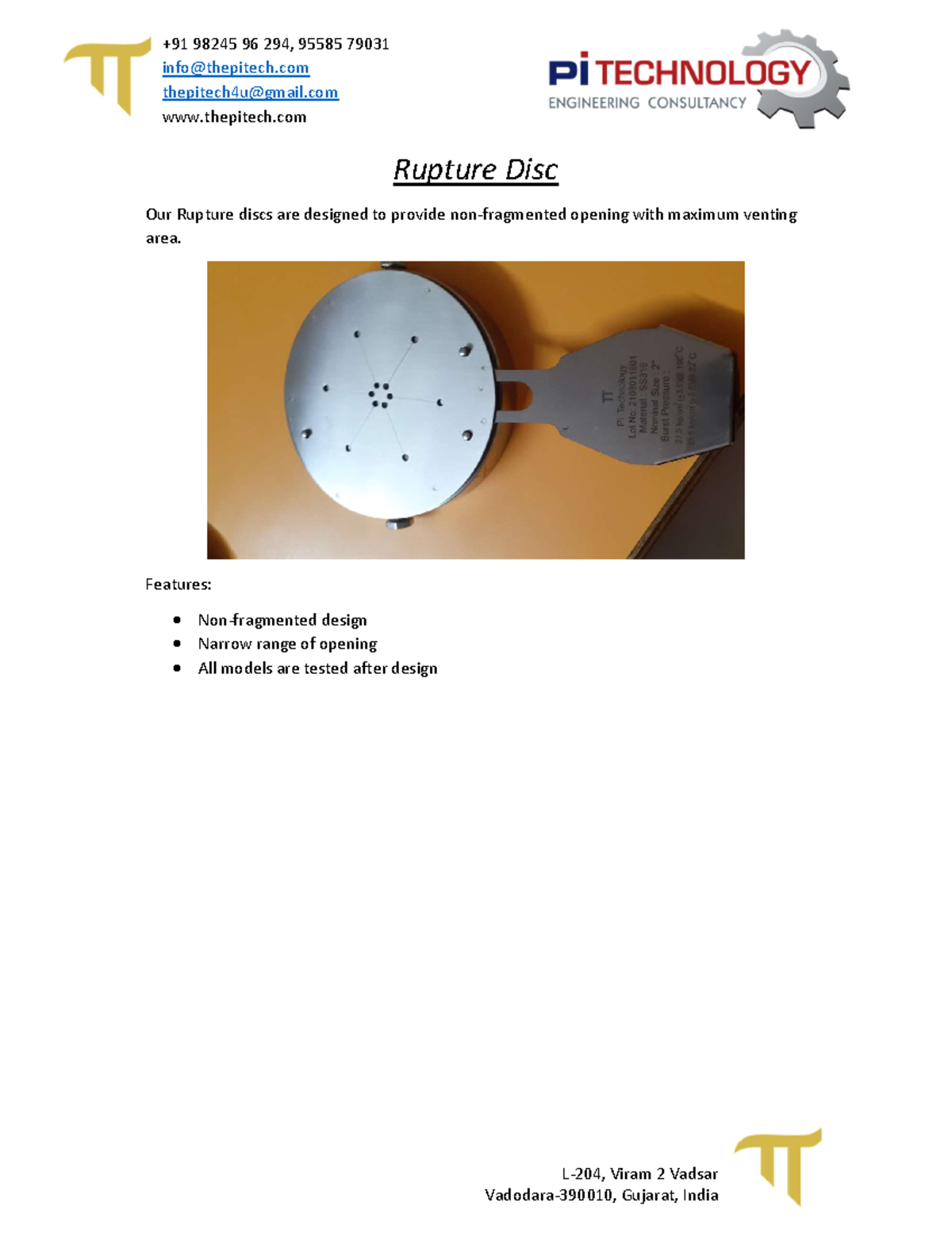 Rupture Disc - info@thepitech thepitech4u@gmail thepitech L-204, Viram ...