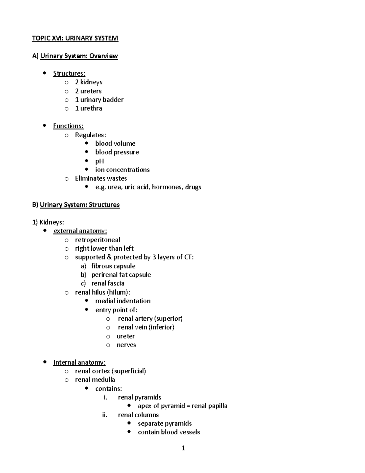 16 - Topic XVI - Urinary System - TOPIC XVI: URINARY SYSTEM A) Urinary ...