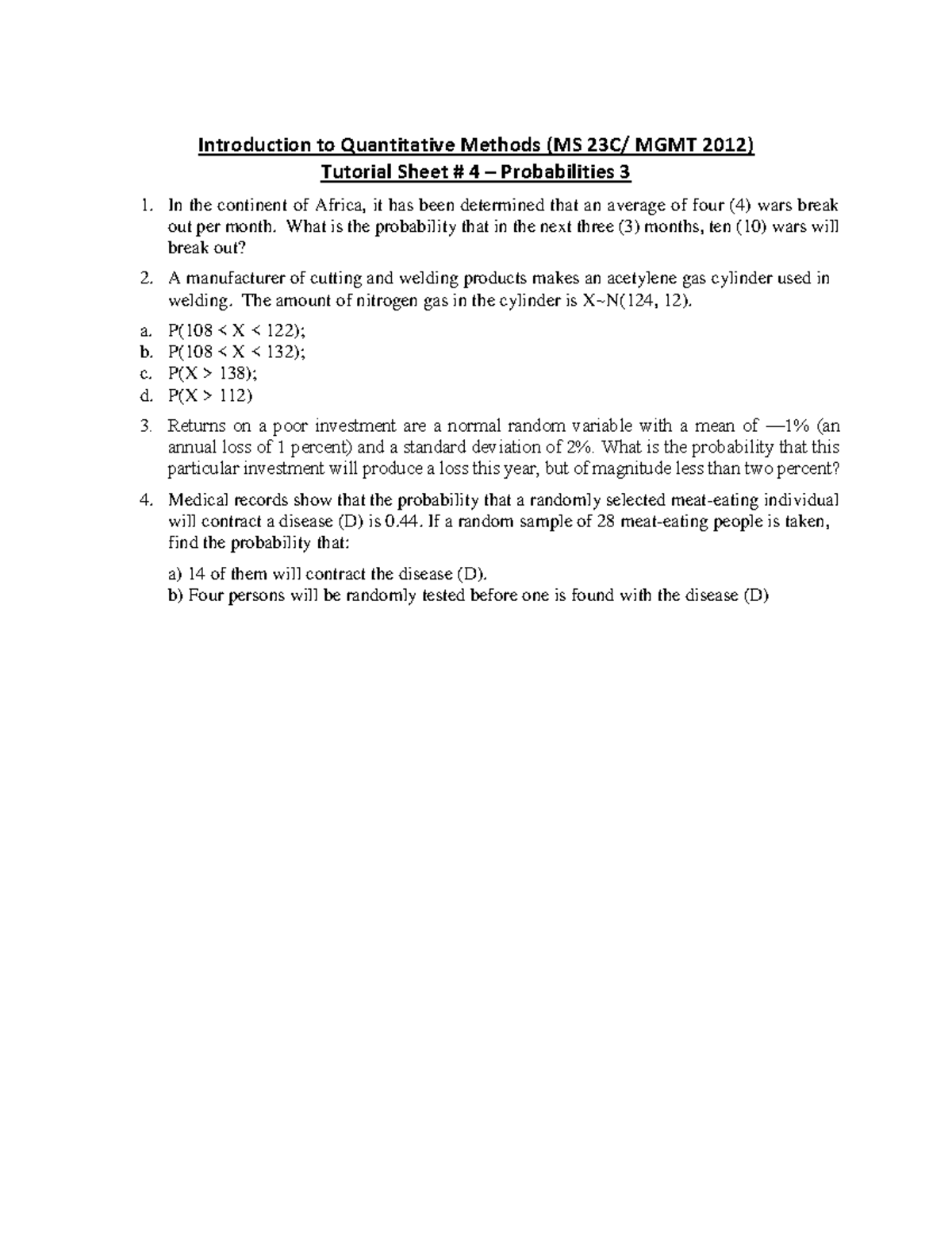 Tutorial Sheet 3- Probabilities 3 Quantitative Methods - Introduction to Quantitative Methods ...