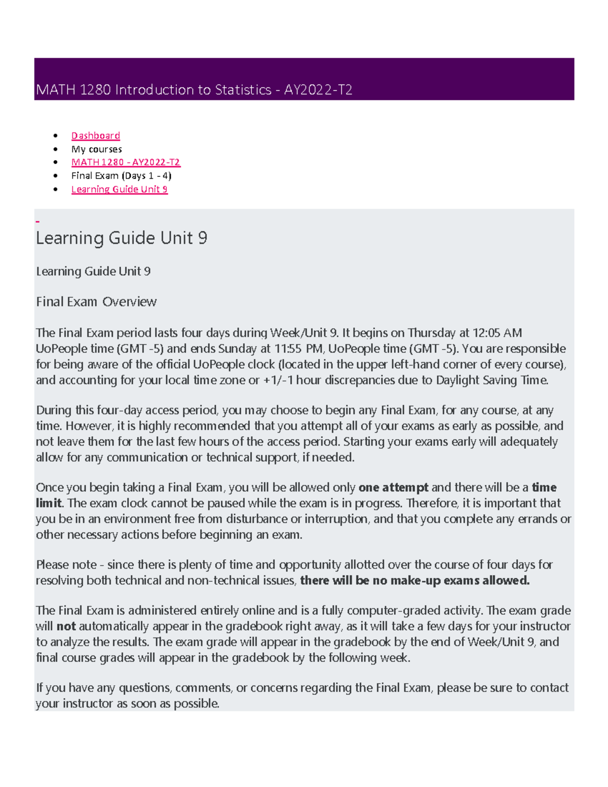 Learning Guide Unit 9 - Lecture notes 9 - MATH 1280 Introduction to ...