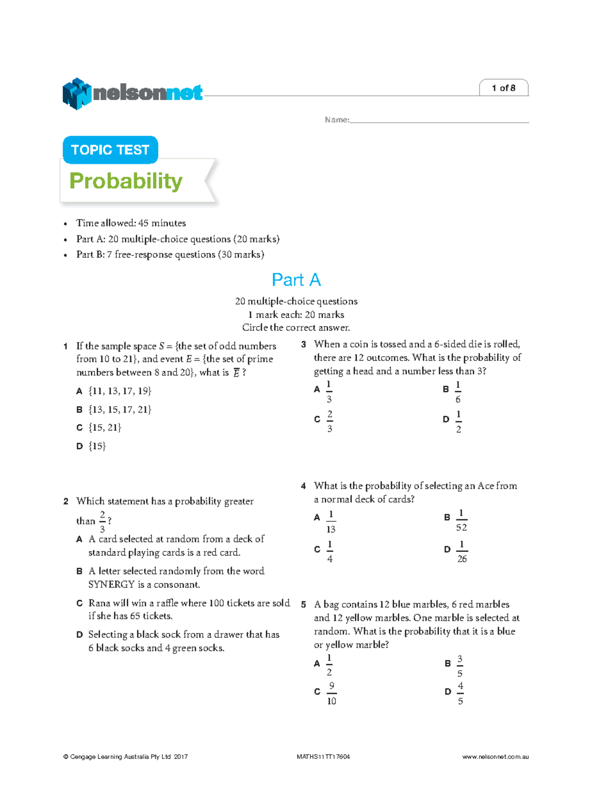 Probability topic test - Name: Probability • Time allowed: 45 minutes ...