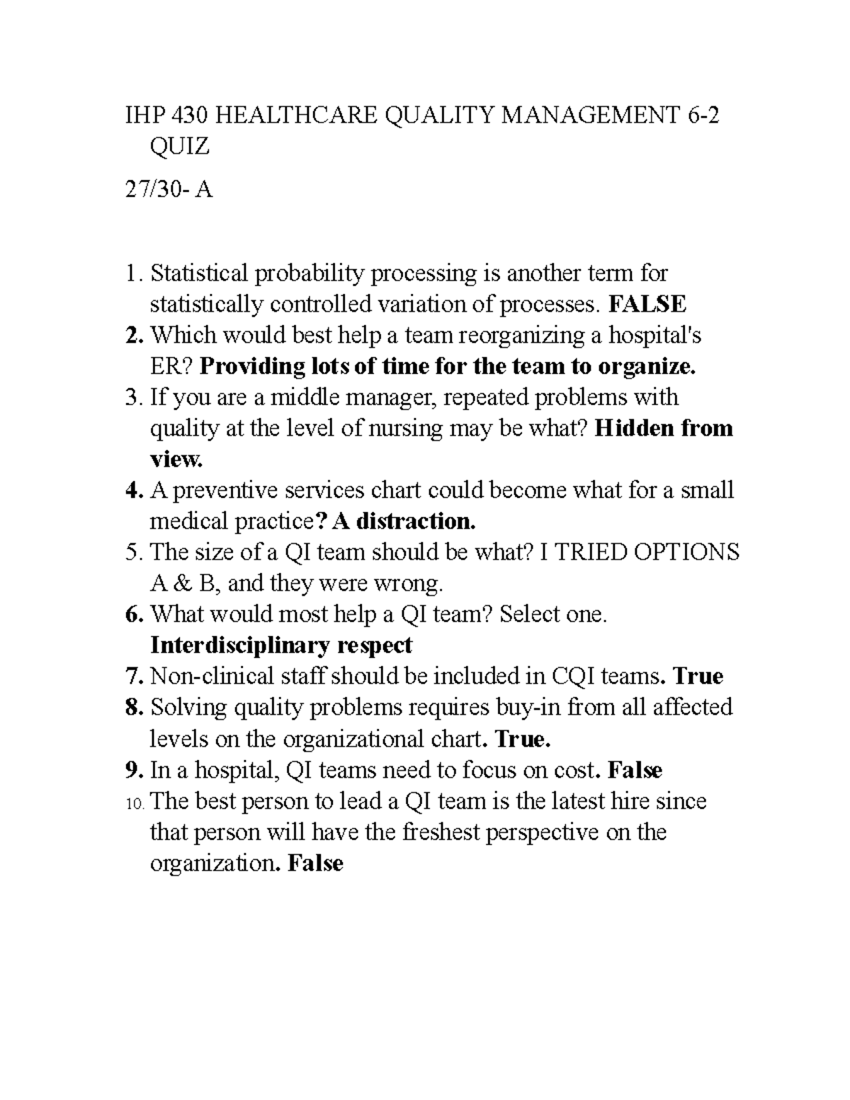 IHP 430 6-2 Quiz - Quiz and answers to Module 6 - IHP 430 HEALTHCARE ...