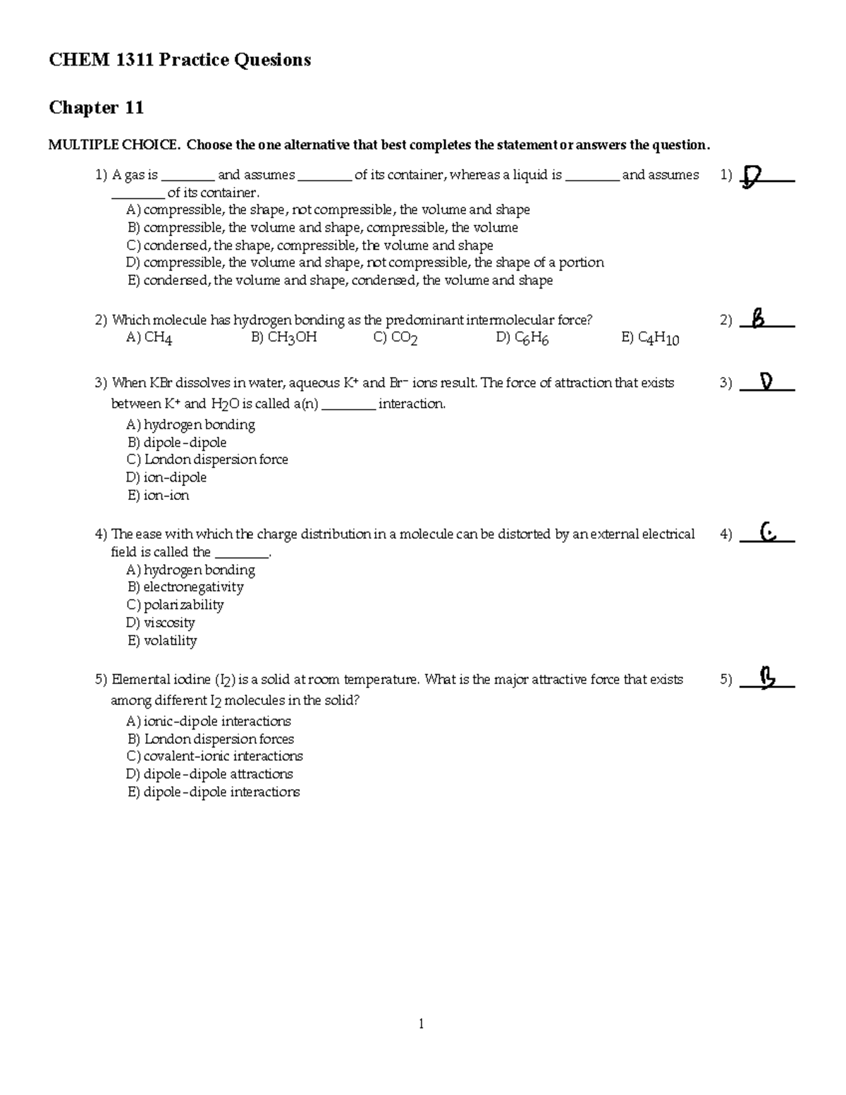Gen Chem worksheet 11 - CHEM 1311 Practice Quesions Chapter 11 MULTIPLE ...