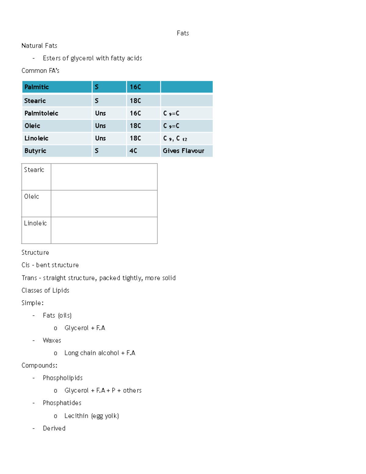 Fats - lecture notes - Fats Natural Fats Esters of glycerol with fatty ...