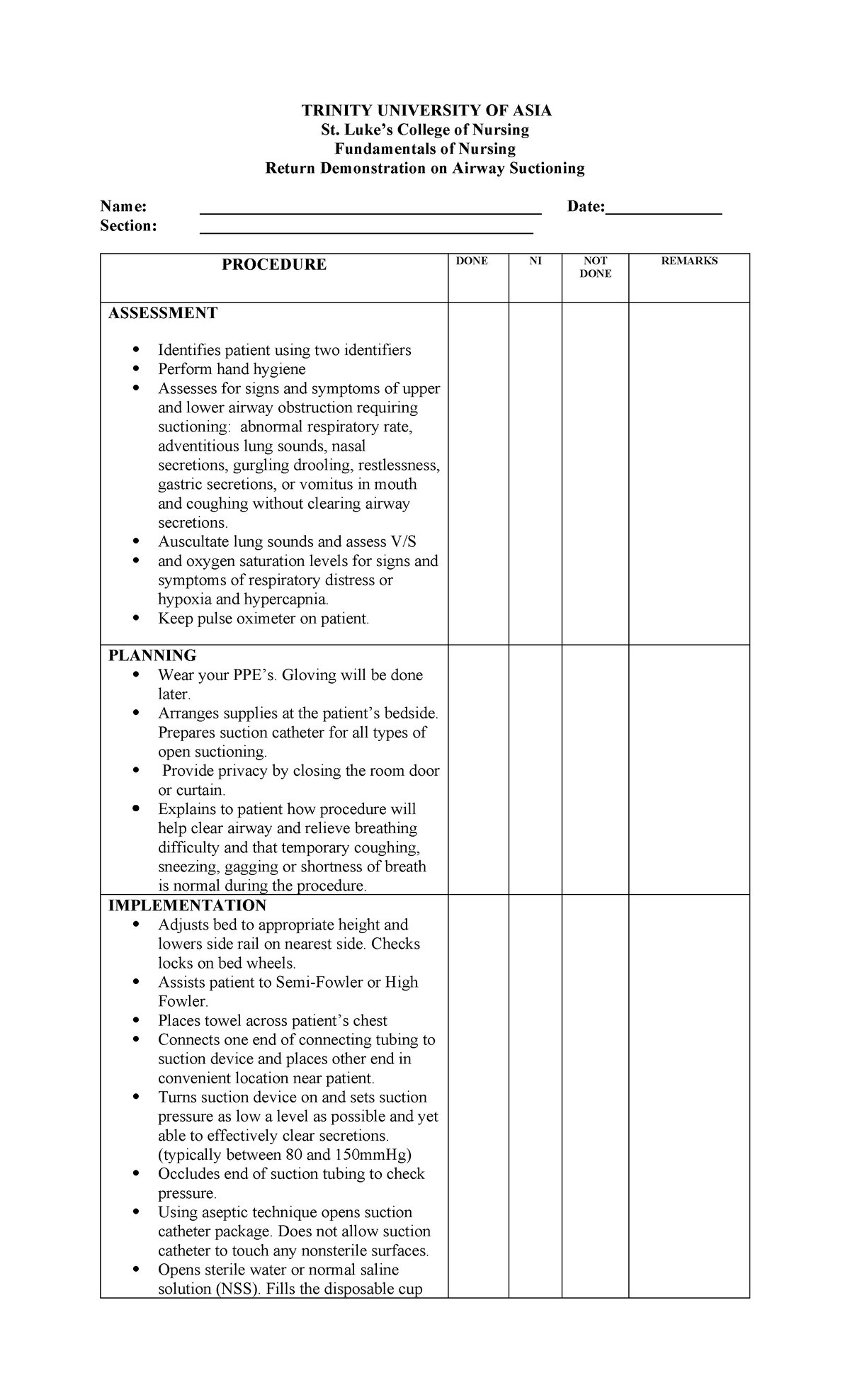 Suctioning Checklist 2023 2nd revision - TRINITY UNIVERSITY OF ASIA St ...
