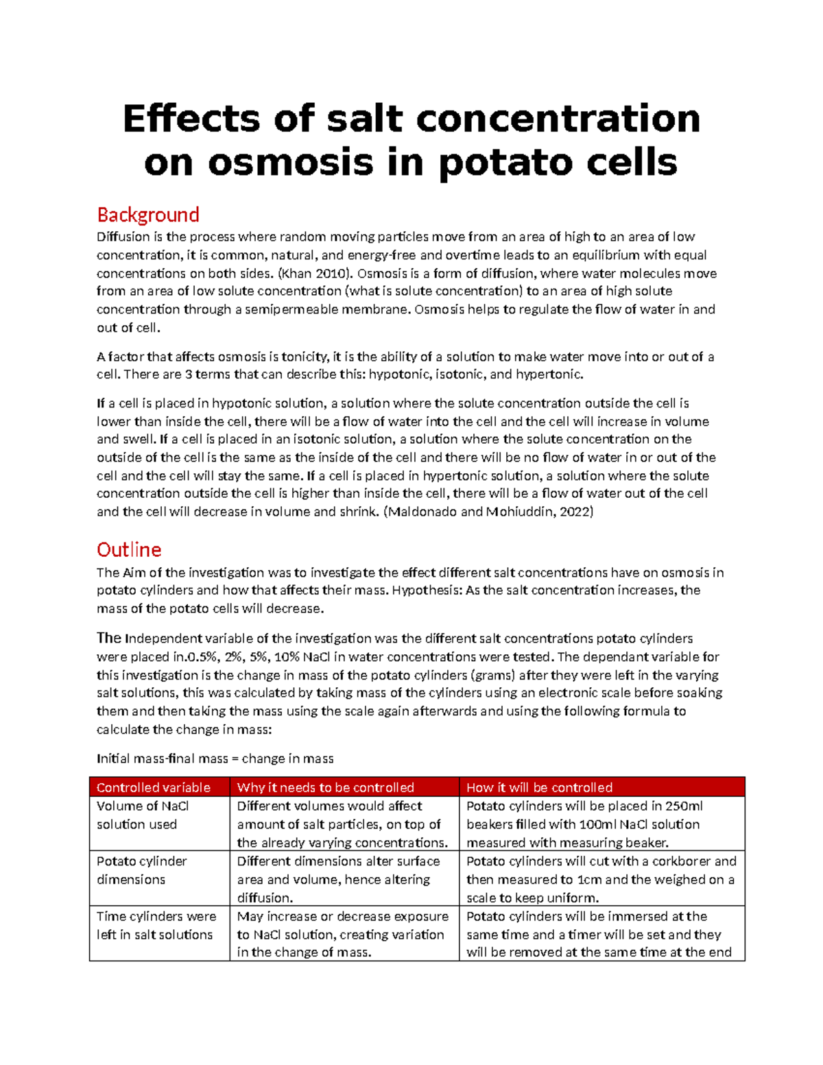 Practical report-Potato osmosis - Effects of salt concentration on osmosis in potato cells - Studocu