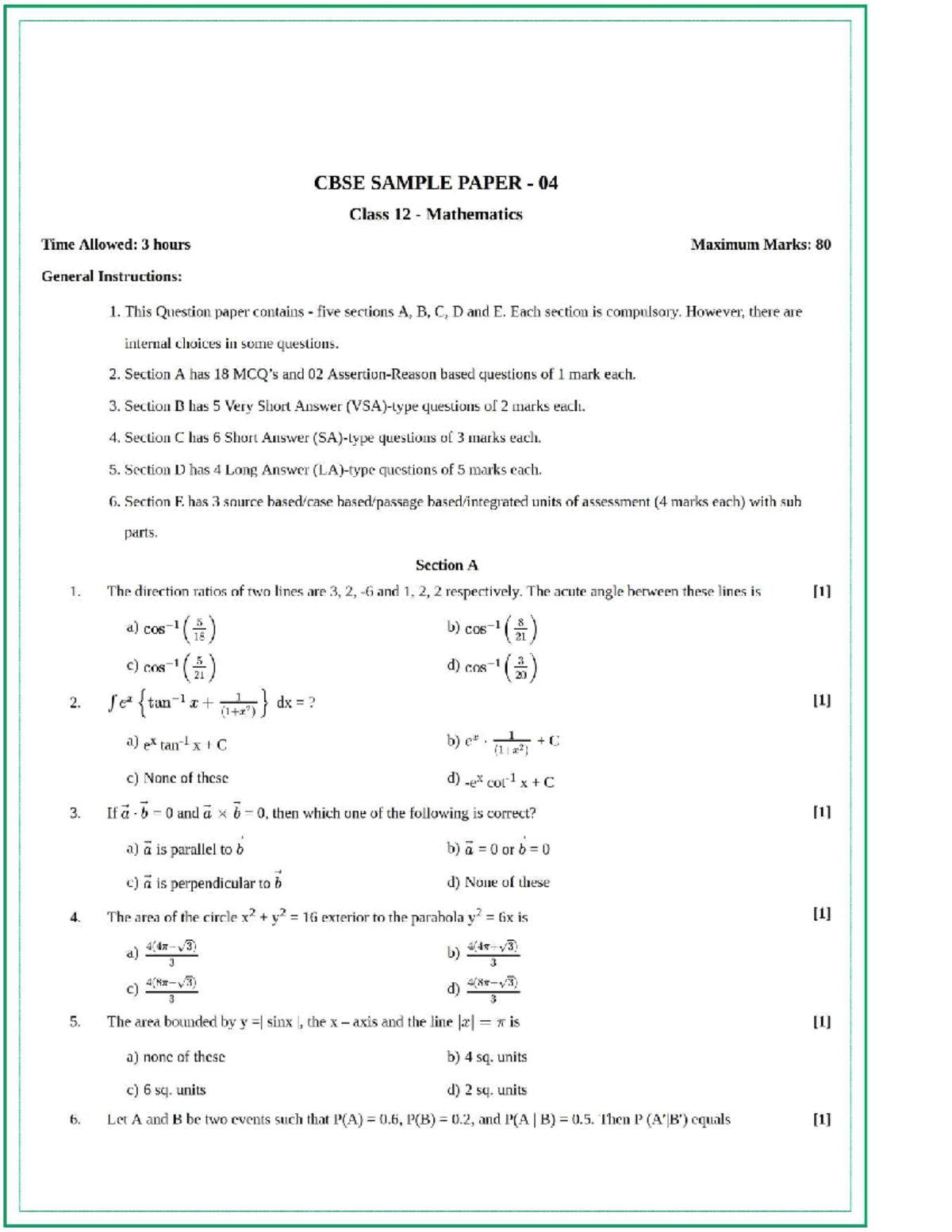 Sample Paper Maths 4 - Mathematics-I - Studocu