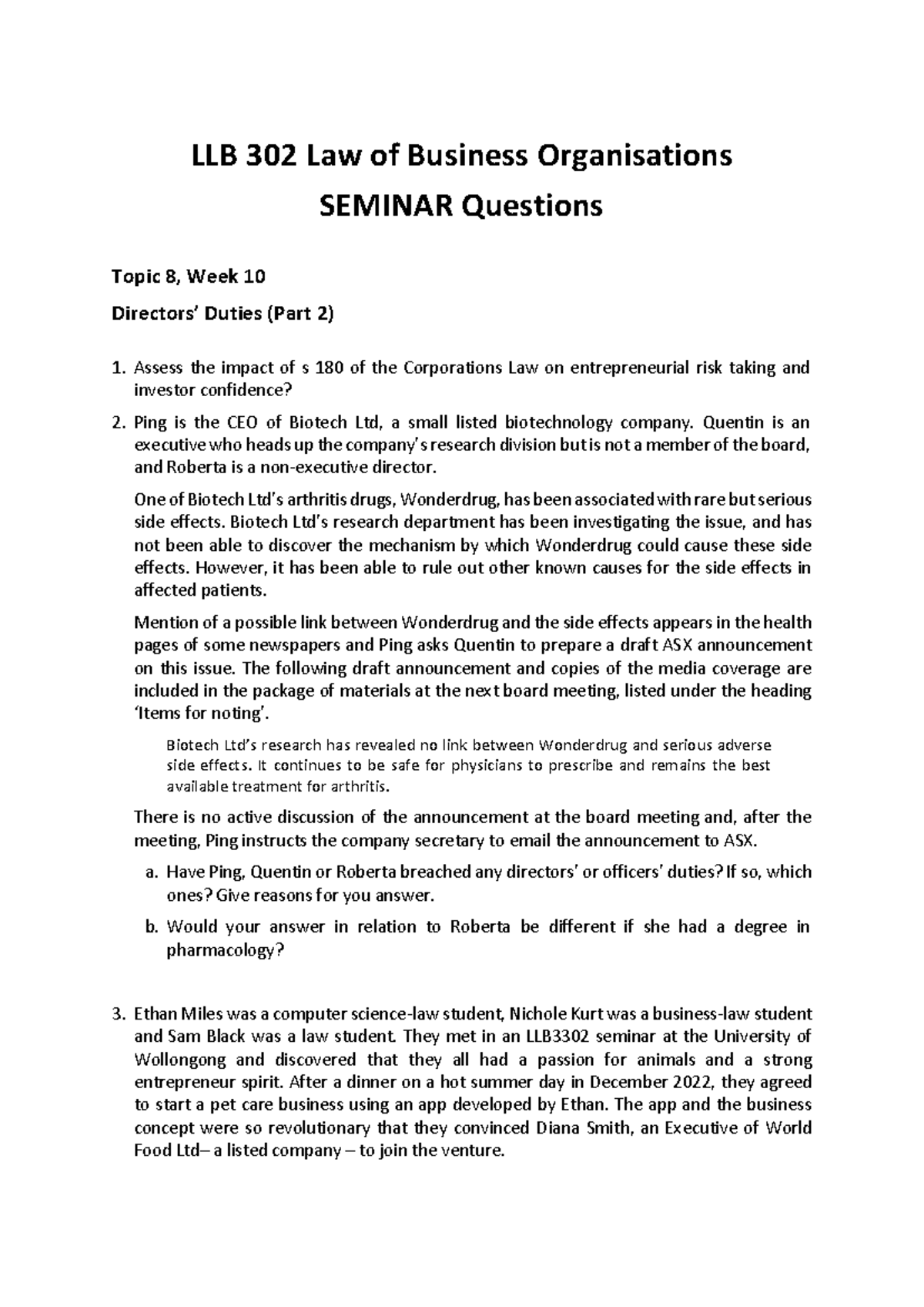 Week 10 Seminar Questions Topic 8 - LLB 302 Law of Business ...