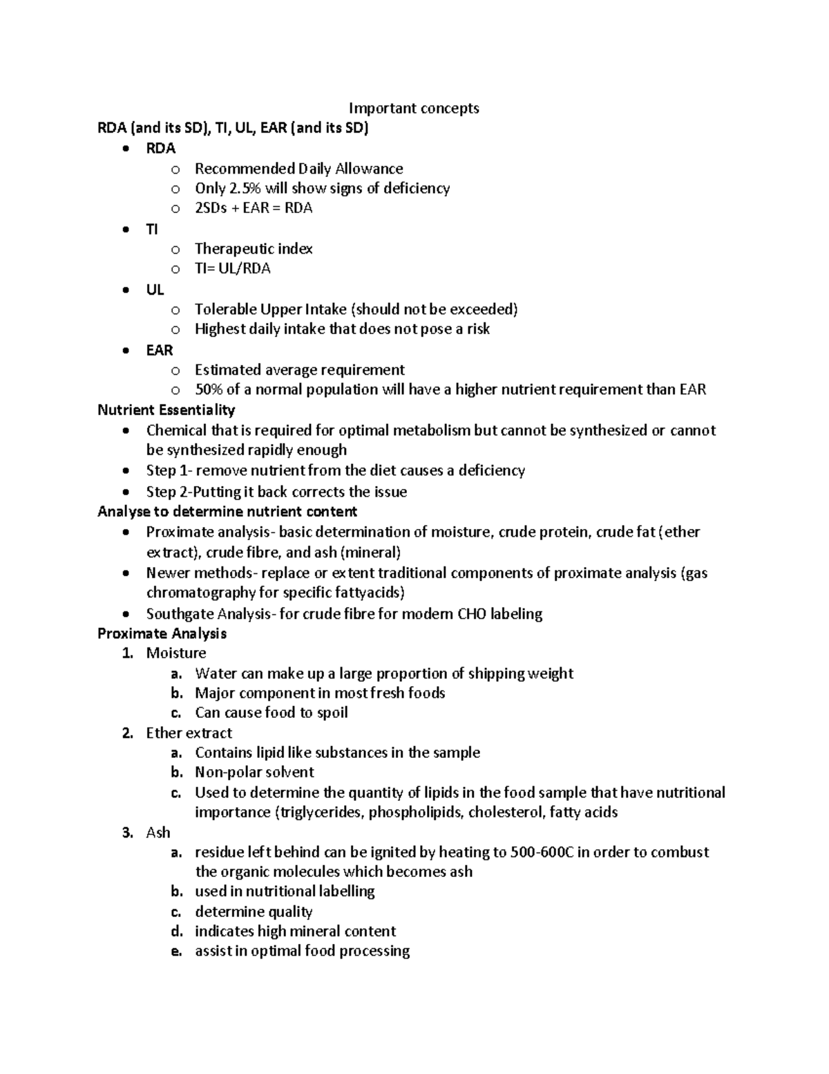 NUTR Important concepts - Important concepts RDA (and its SD), TI, UL ...