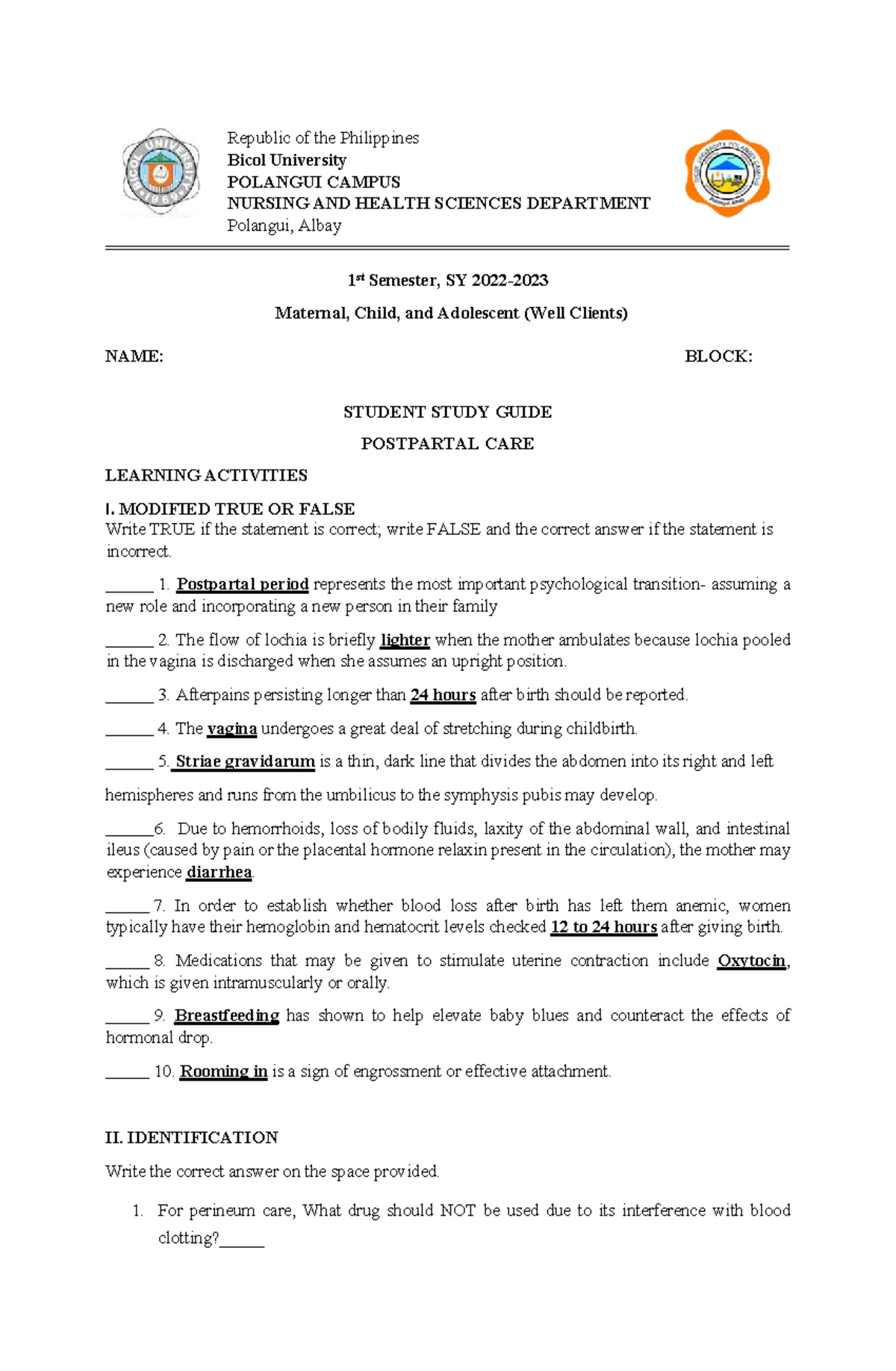 SSG- Postpartum-CARE - Notes - Republic of the Philippines Bicol ...