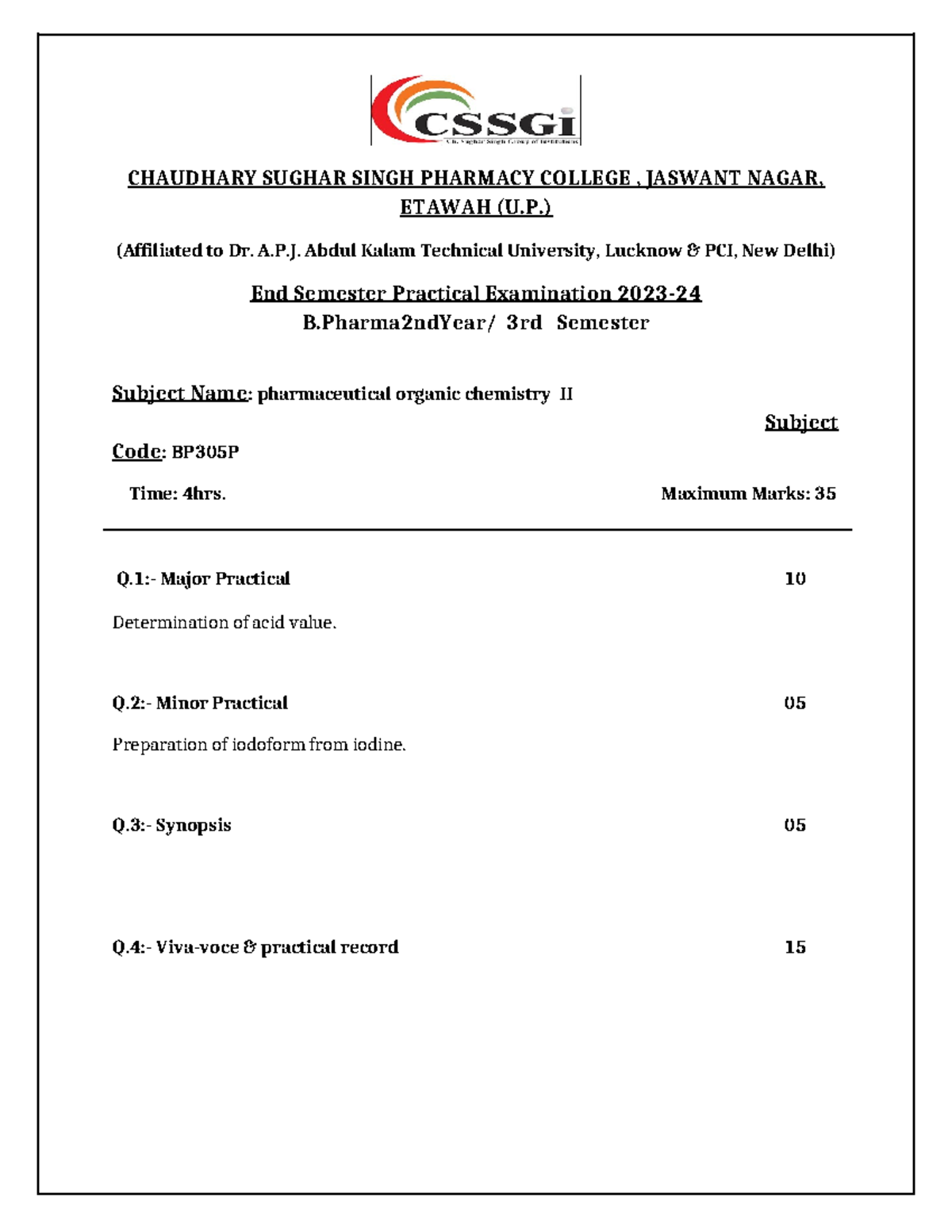 Practical Question Paper Format - CHAUDHARY SUGHAR SINGH PHARMACY ...