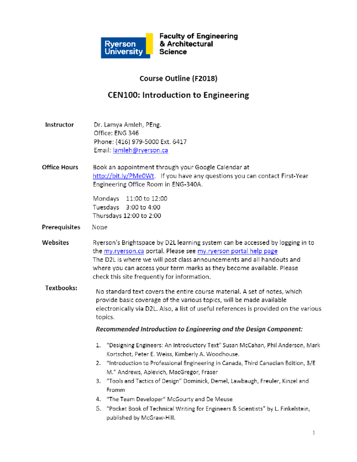 Cen100 Introduction to engineering - Faculty of Engineering Ryerson ...