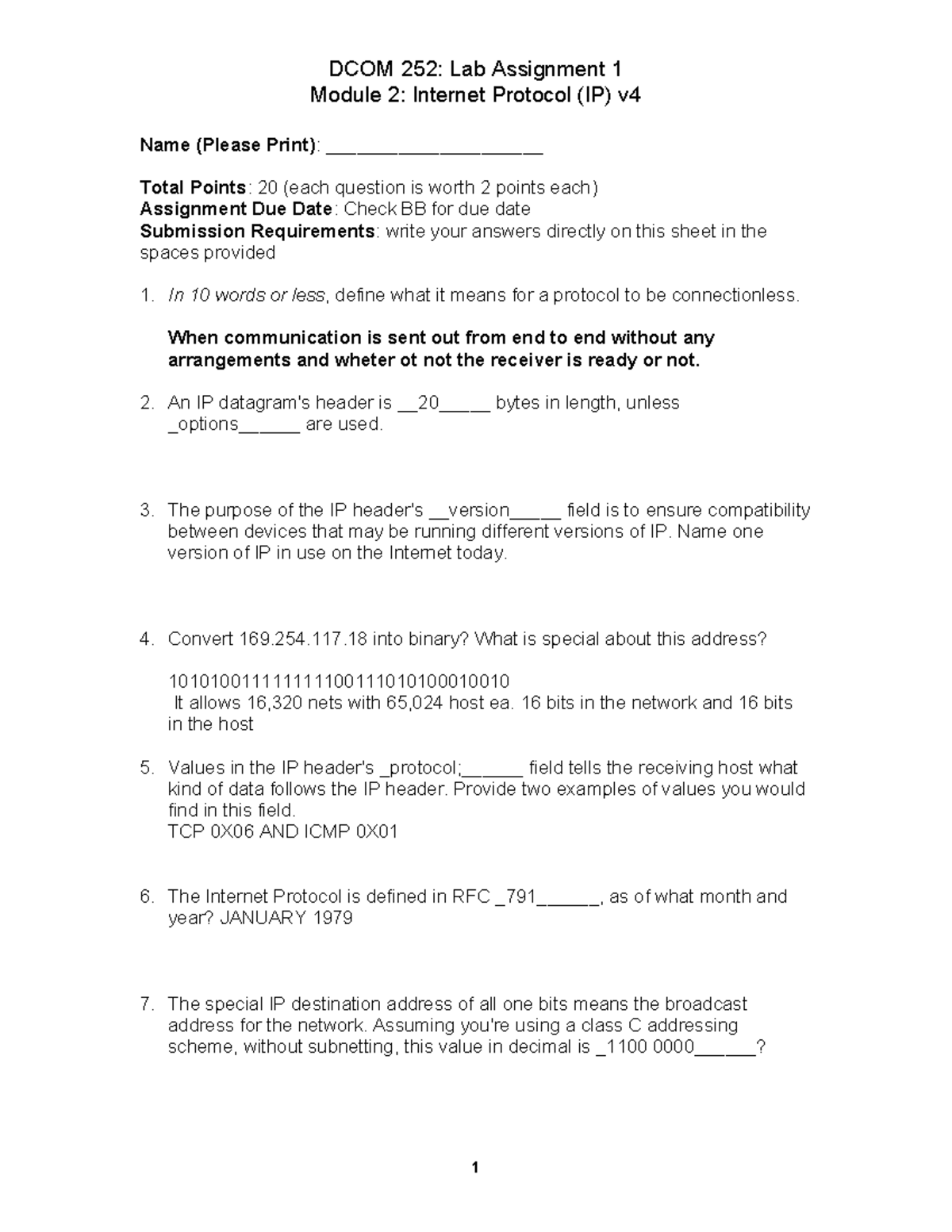 Module 2 Lab 1 Ipv4 Summary Fundamentals Of Networking Dcom 252 Lab Assignment 1 Module 2 3545