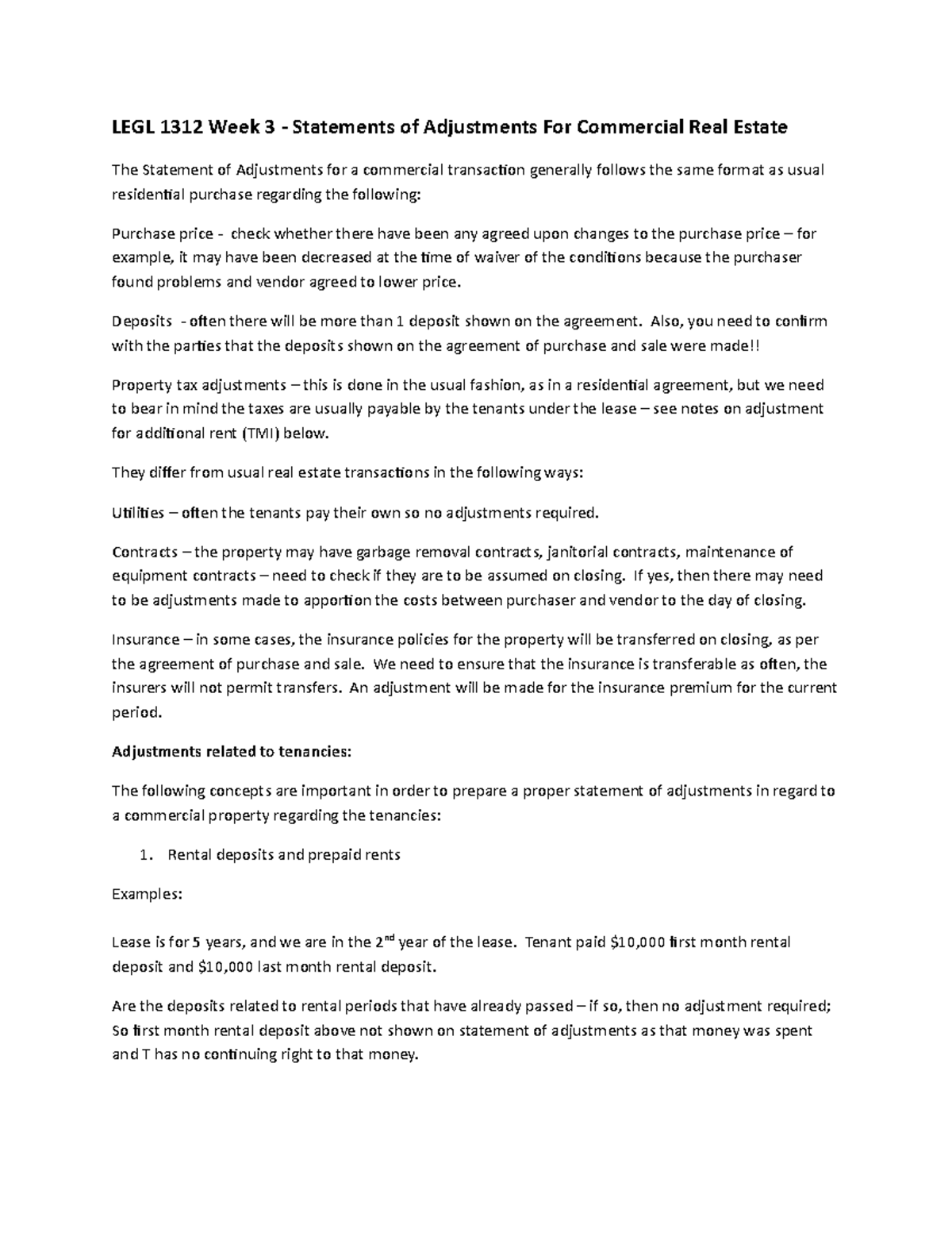 LEGL 1312 Week 3 Statements of Adjustments For Commercial Real Estate ...