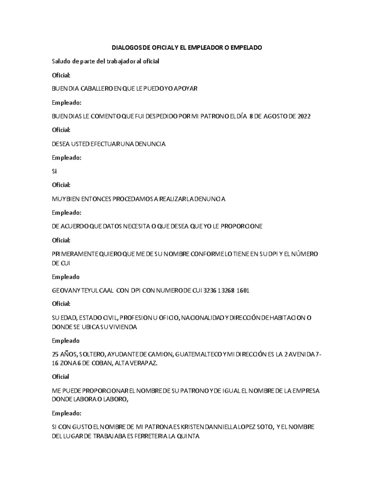 Dialogos DE Oficial Y EL Empleador O Empelado - DIALOGOS DE OFICIAL Y ...