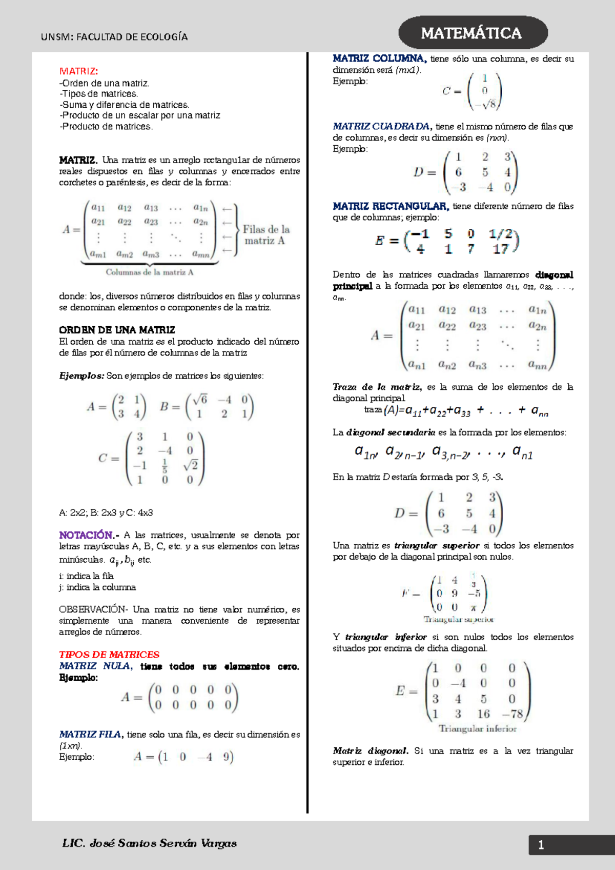 6 Matrices - jgffggffggf - UNSM: FACULTAD DE ECOLOGÍA MATEMÁTICA LIC ...