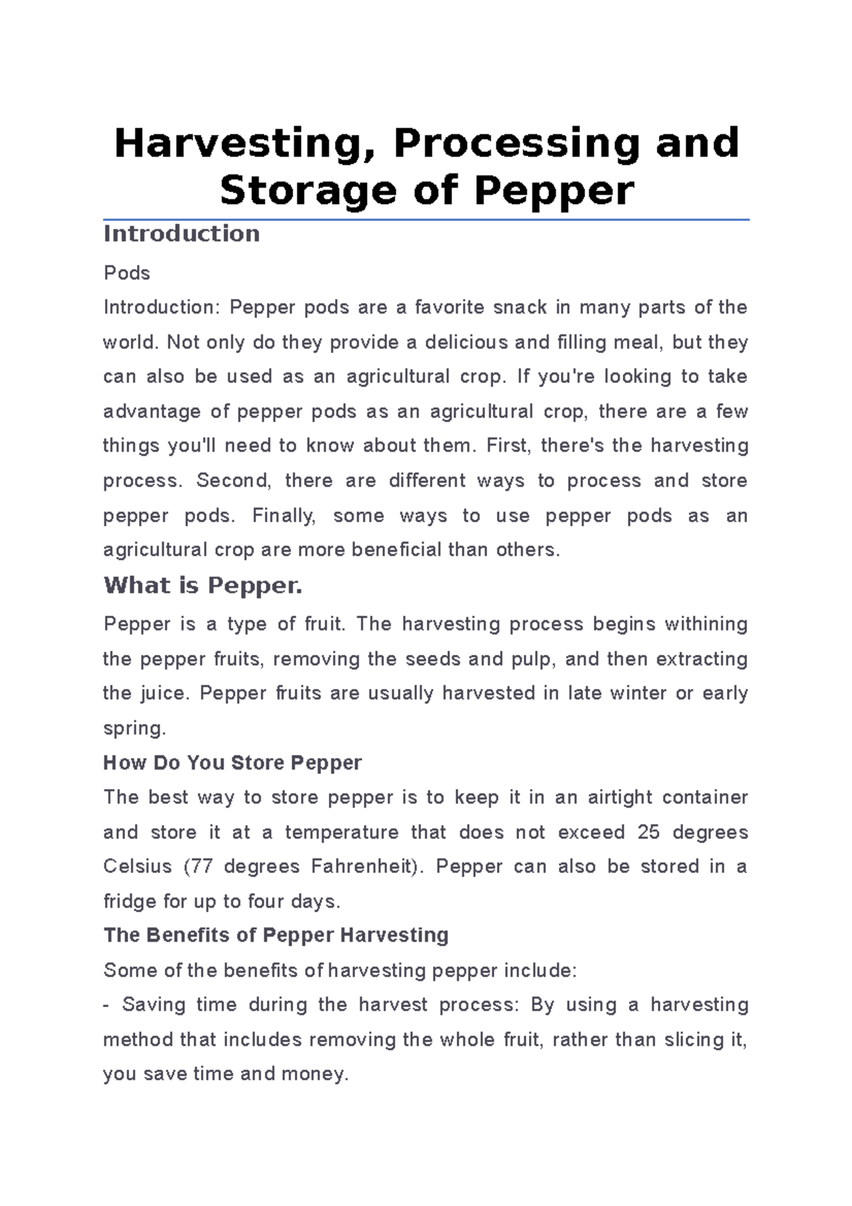 Harvesting, Processing and Storage of Pepper - Harvesting, Processing ...