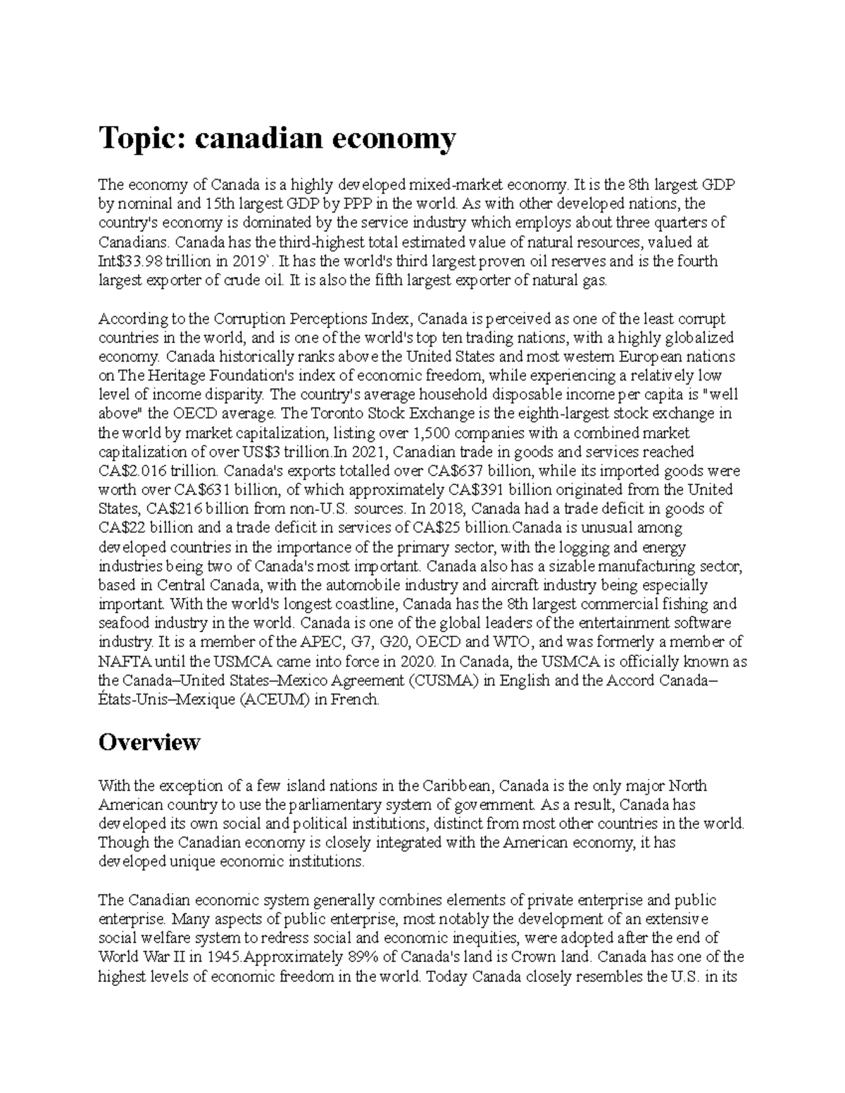 Canadian economy - Topic: canadian economy The economy of Canada is a ...