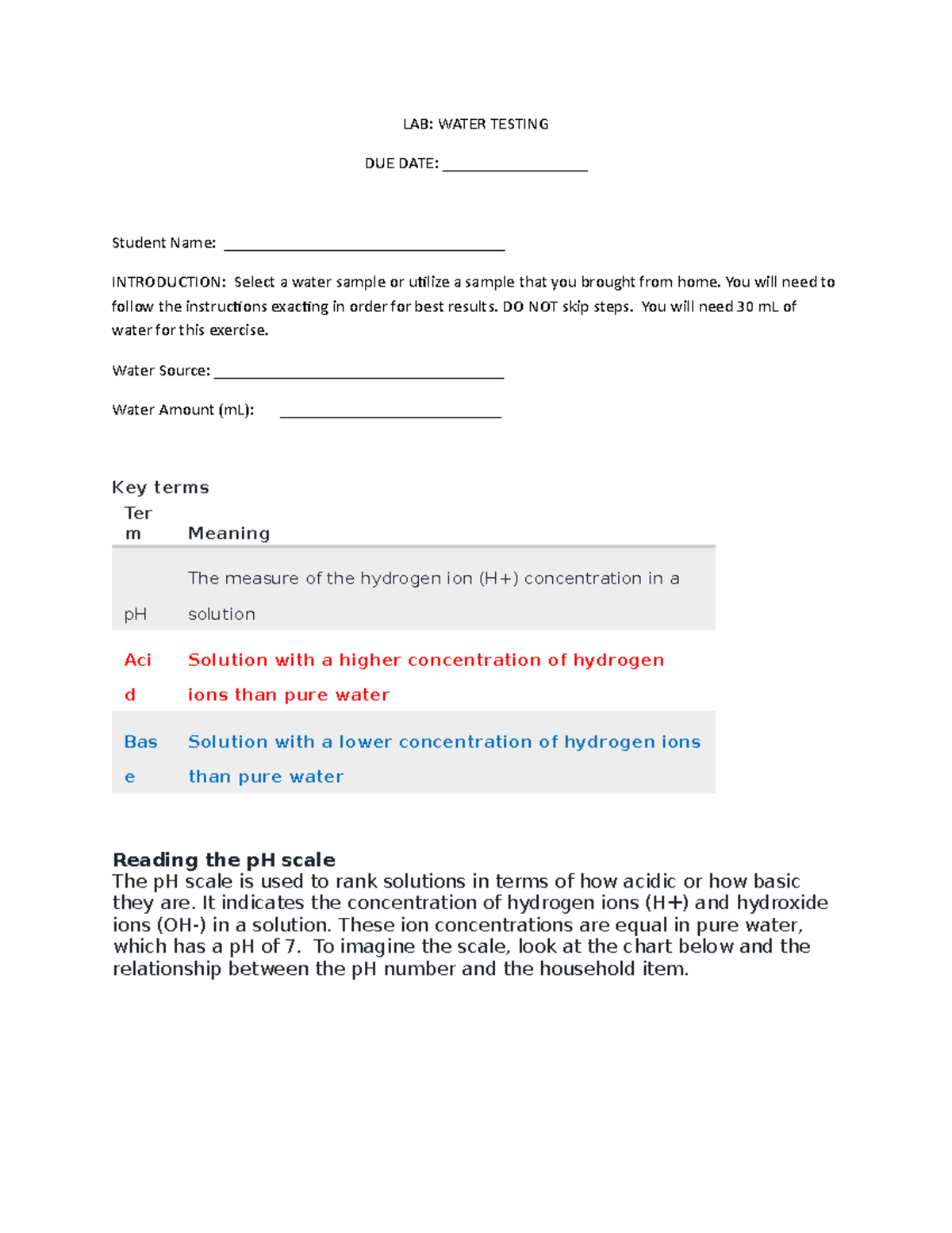Water Testing Lab (edited) - LAB: WATER TESTING DUE DATE ...