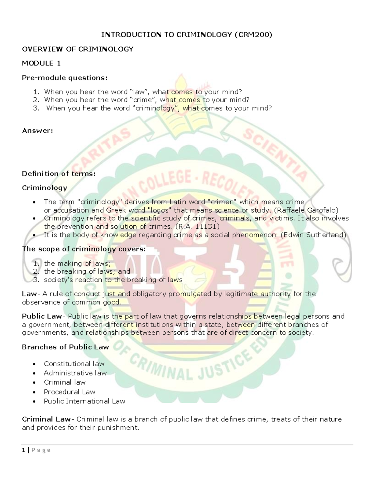 Module 1 Introduction To Criminology - INTRODUCTION TO CRIMINOLOGY ...