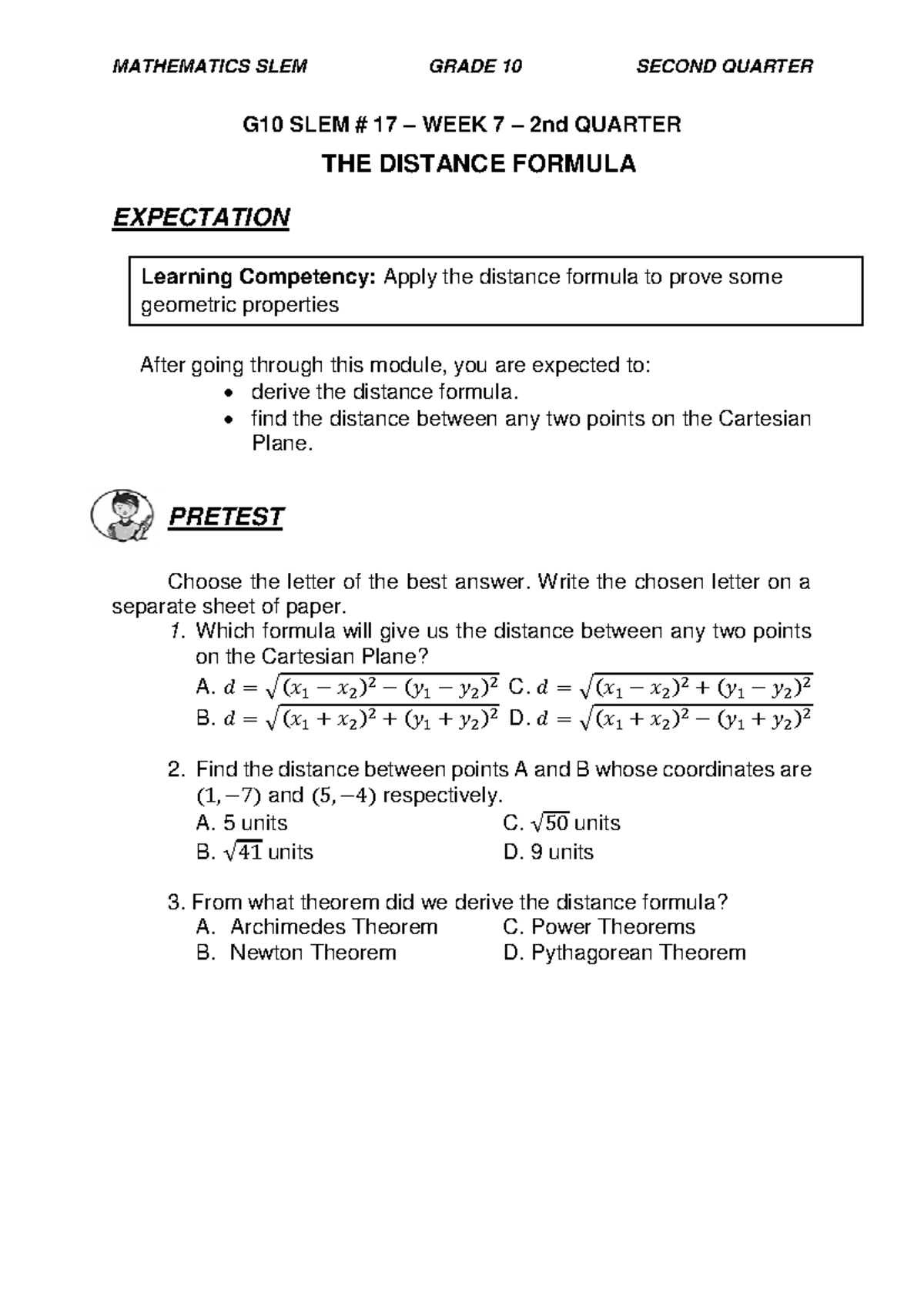 Slem-17-19 - G10 SLEM # 1 7 – WEEK 7 – 2nd QUARTER THE DISTANCE FORMULA ...