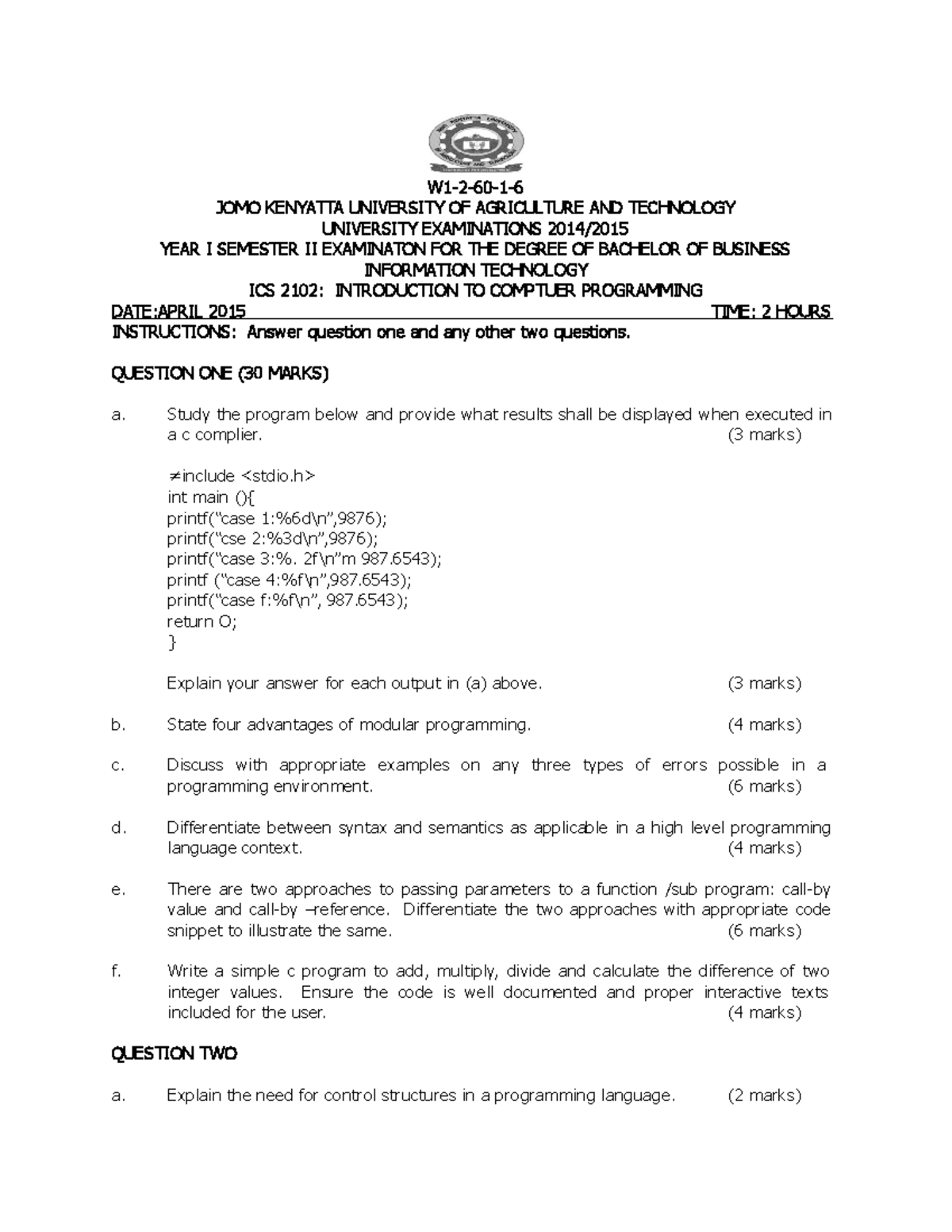 ICS 2102 M - Class work - W1-2-60-1- JOMO KENYATTA UNIVERSITY OF ...