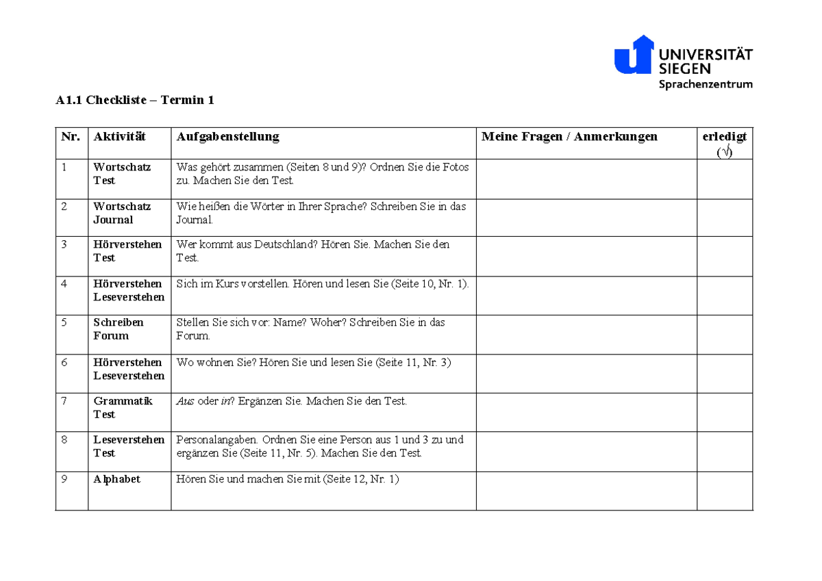 A1.1 Checkliste Termin 1 - A1 Checkliste – Termin 1 Nr. Aktivität ...