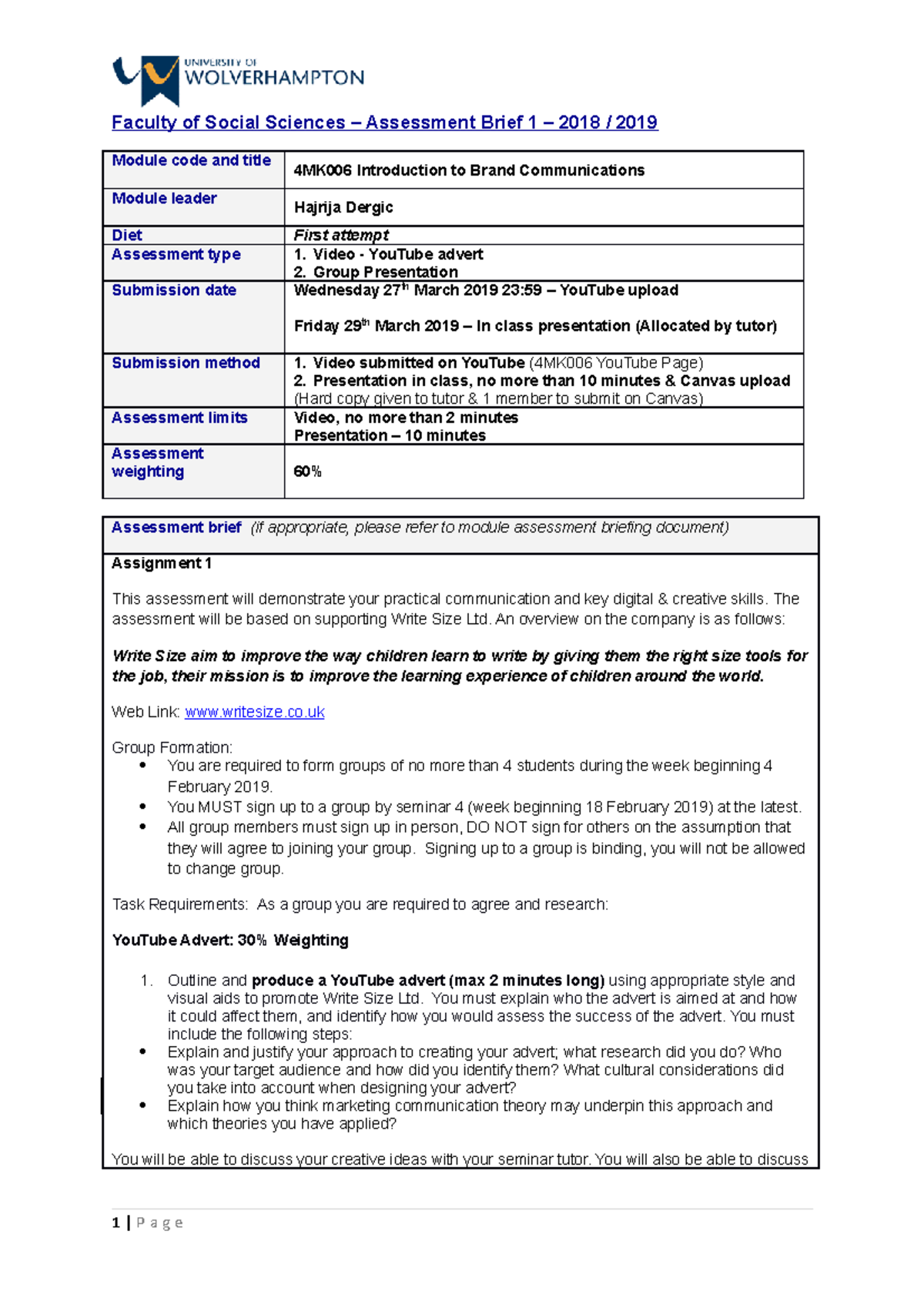Assessment Brief 1 18-19 (Semester 2) NEW - Faculty of Social Sciences ...