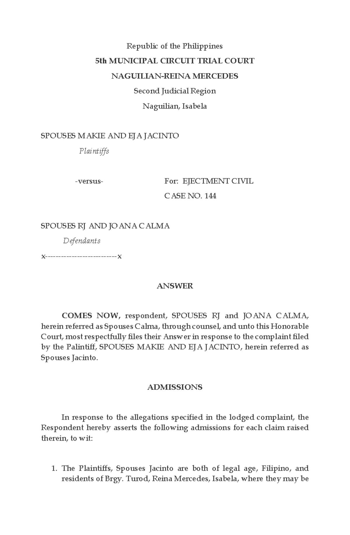 Answer on Ejectment case - Republic of the Philippines 5th MUNICIPAL ...
