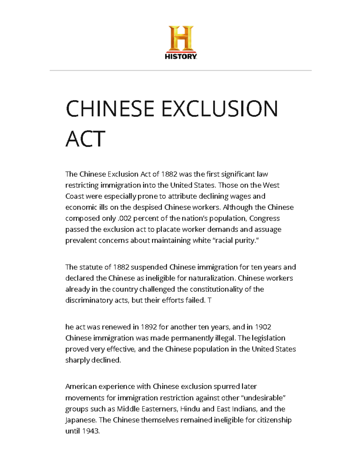 Chinese Exclusion act-1-1 - CHINESE EXCLUSION ACT The Chinese Exclusion ...