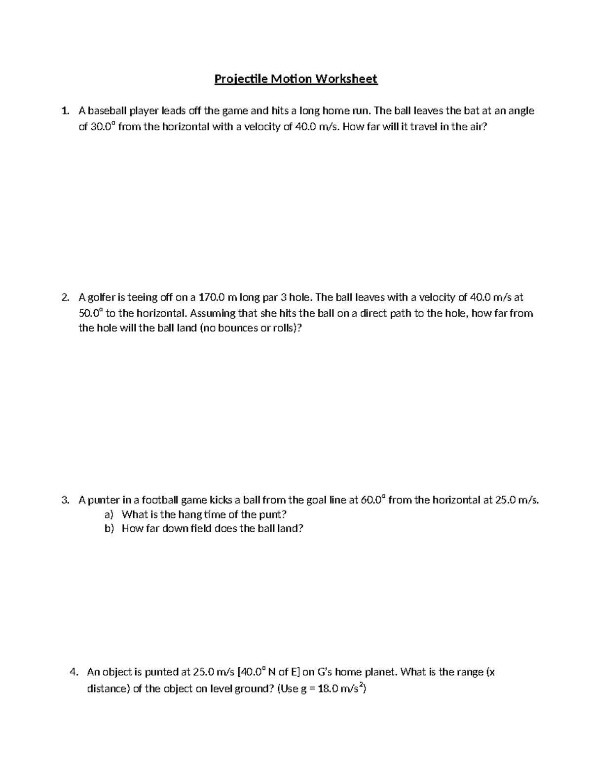 Projectile Motion Worksheet - The ball leaves the bat at an angle of 30 ...