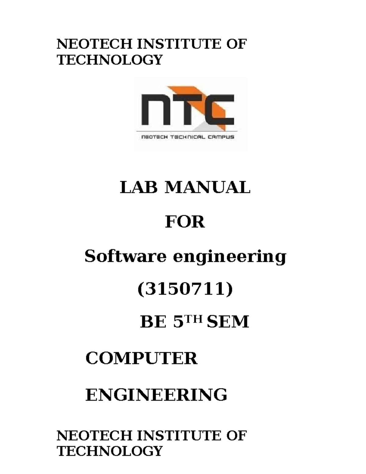 SE Manual - NEOTECH INSTITUTE OF TECHNOLOGY LAB MANUAL FOR Software engineering (3150711) BE 5 ...