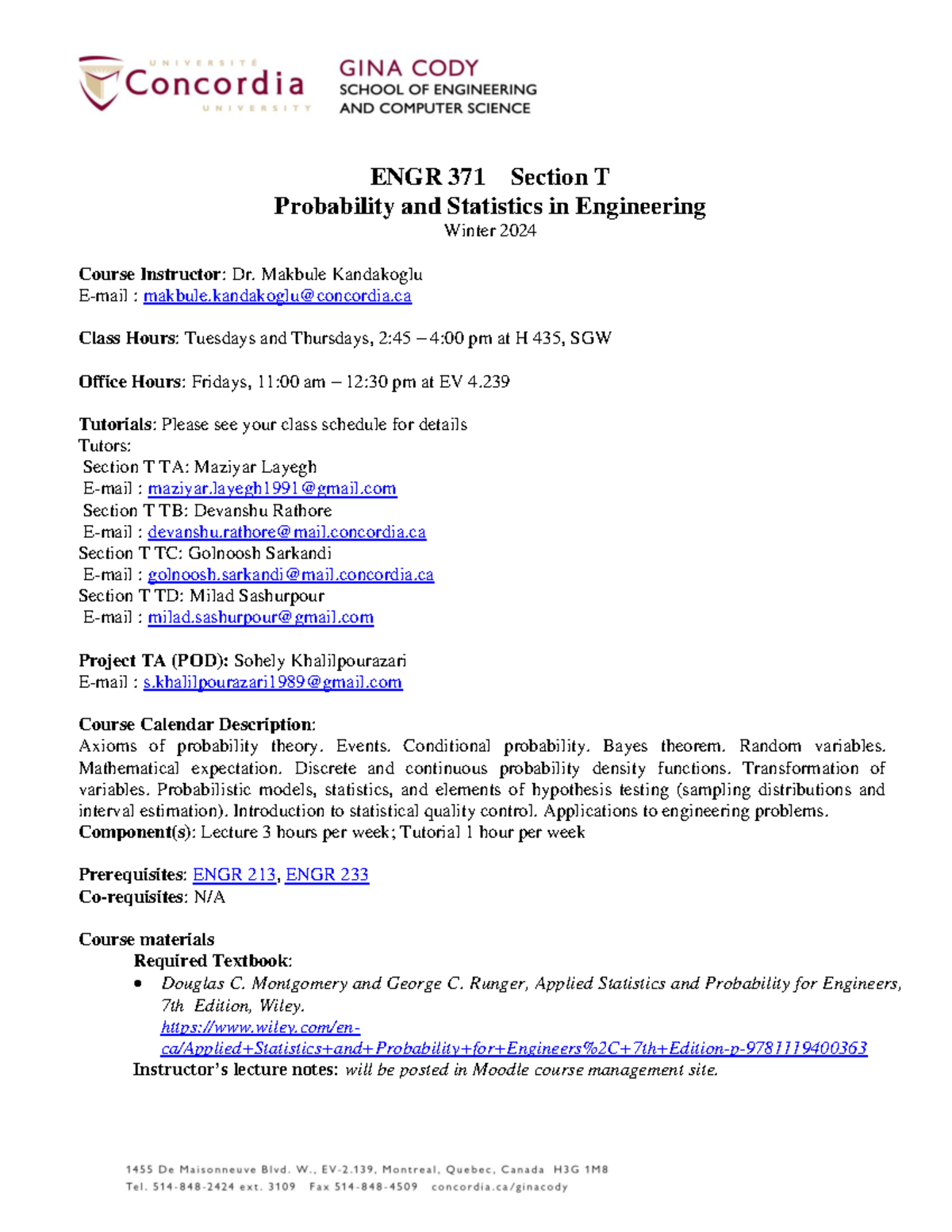 Course Outline ENGR 371-T 2024 Winter - ENGR 371 Section T Probability and Statistics in ...