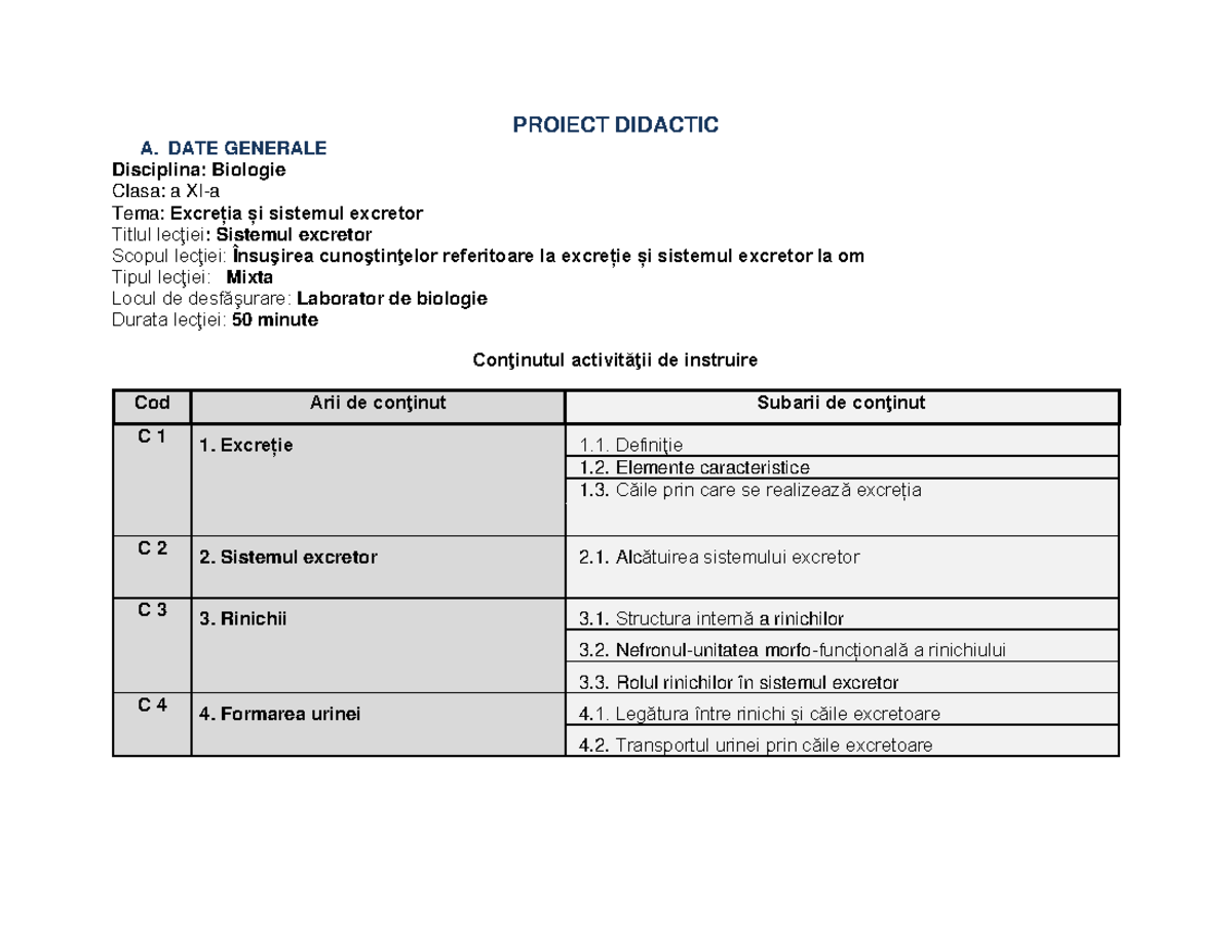 Proiect de lectie Sistemul excretor - PROIECT DIDACTIC A. DATE GENERALE ...