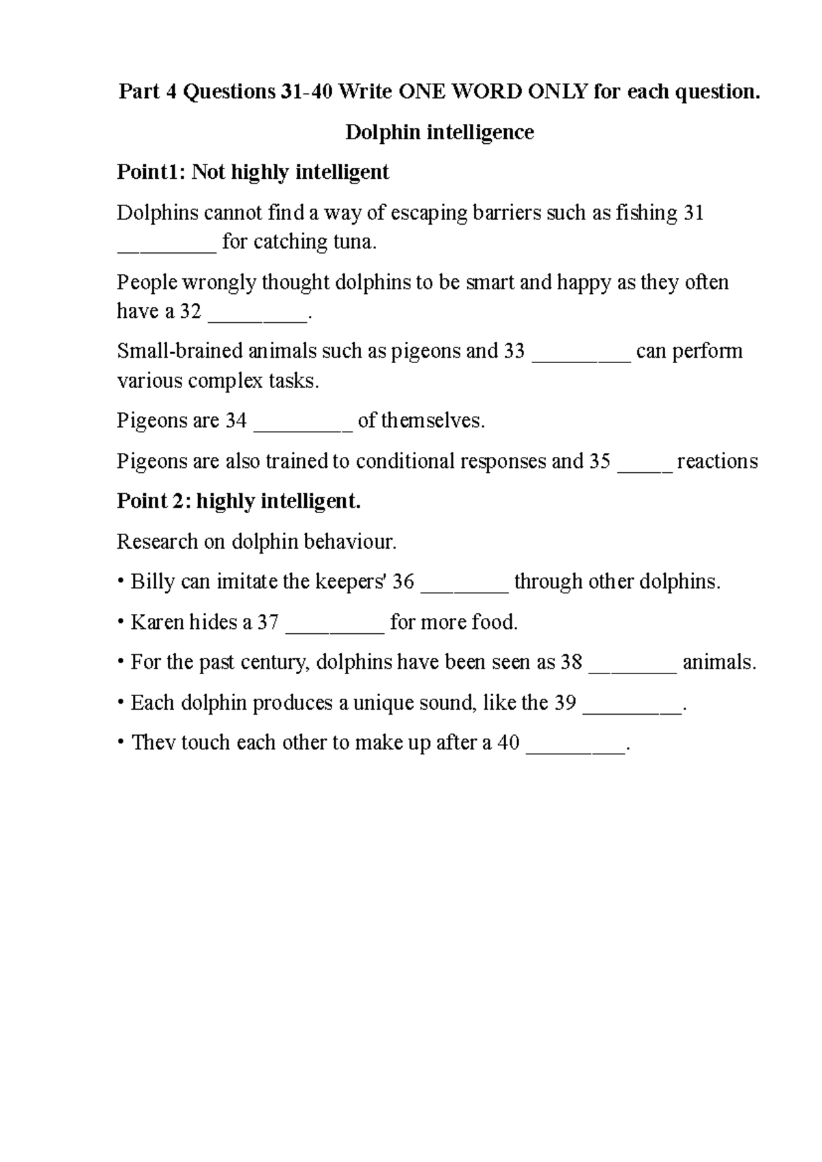 Dolphin intelligence - Listening test - Part 4 Questions 31-40 Write ...