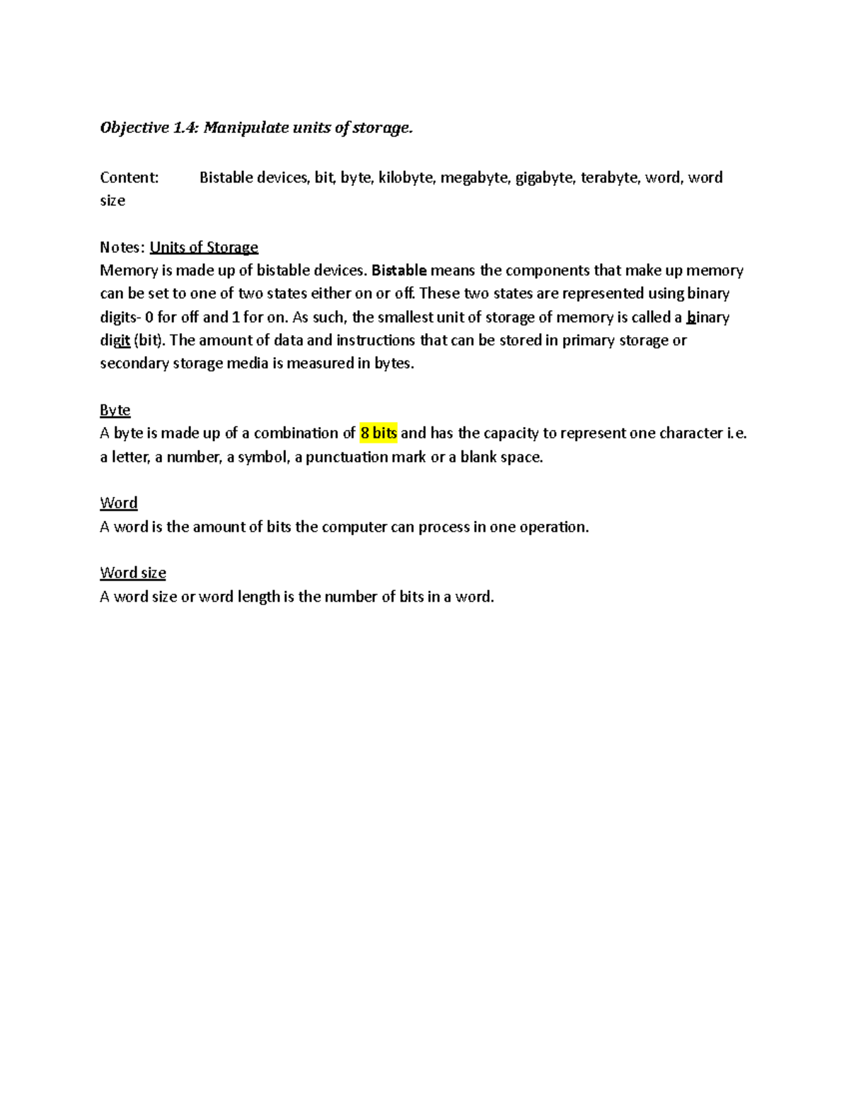 Information Technology Notes - Objective 1: Manipulate units of storage ...