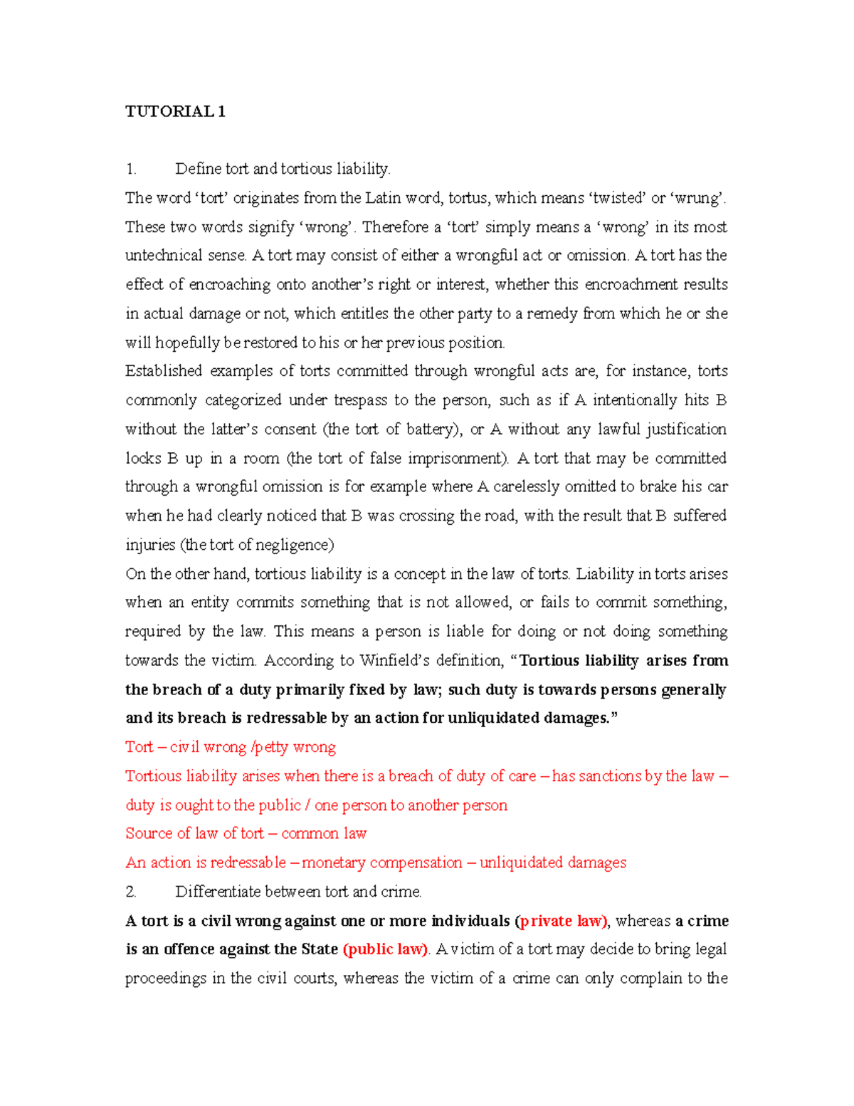 Tutorial 1 (ULT2612) - TUTORIAL 1 Define tort and tortious liability ...