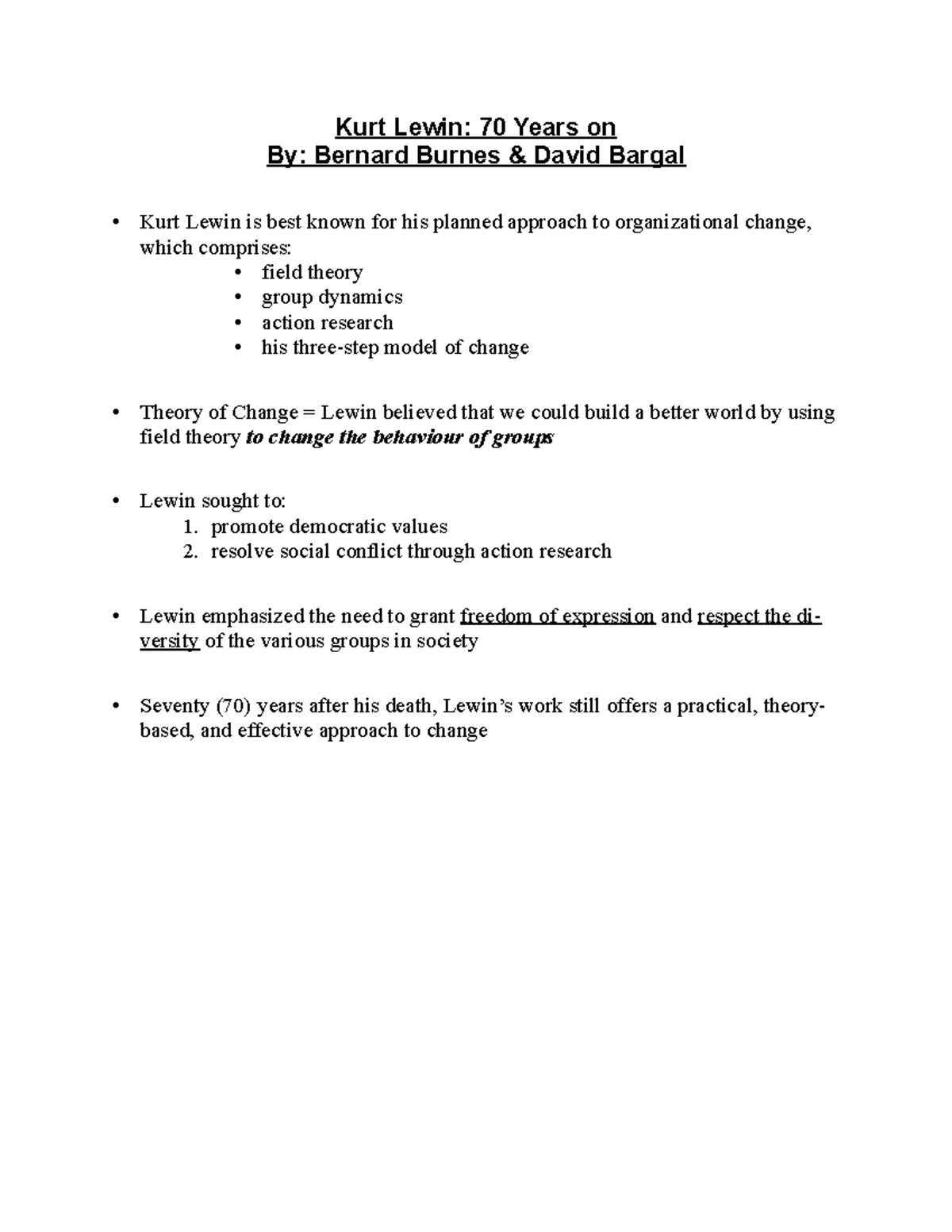 Burnes Bargal 2017 notes - Kurt Lewin: 70 Years on By: Bernard Burnes ...