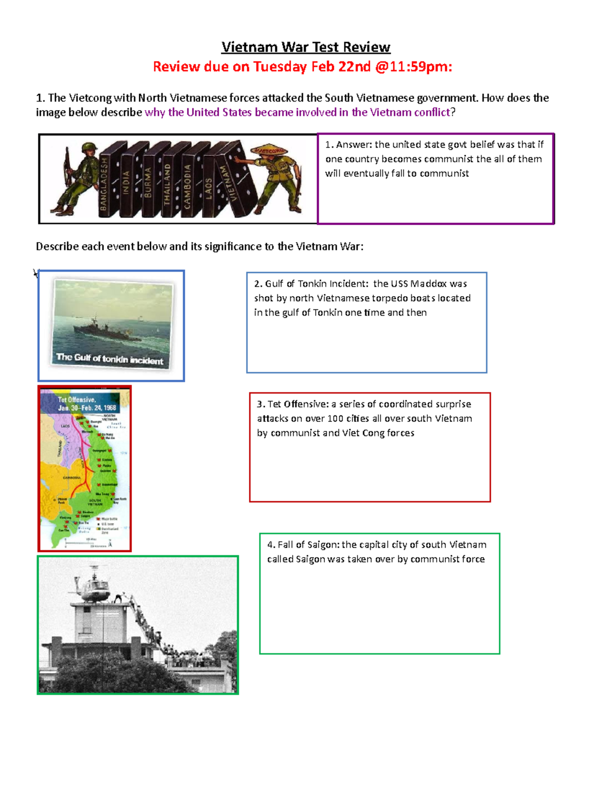 Vietnam Test Review - Vietnam War Test Review Review due on Tuesday Feb ...