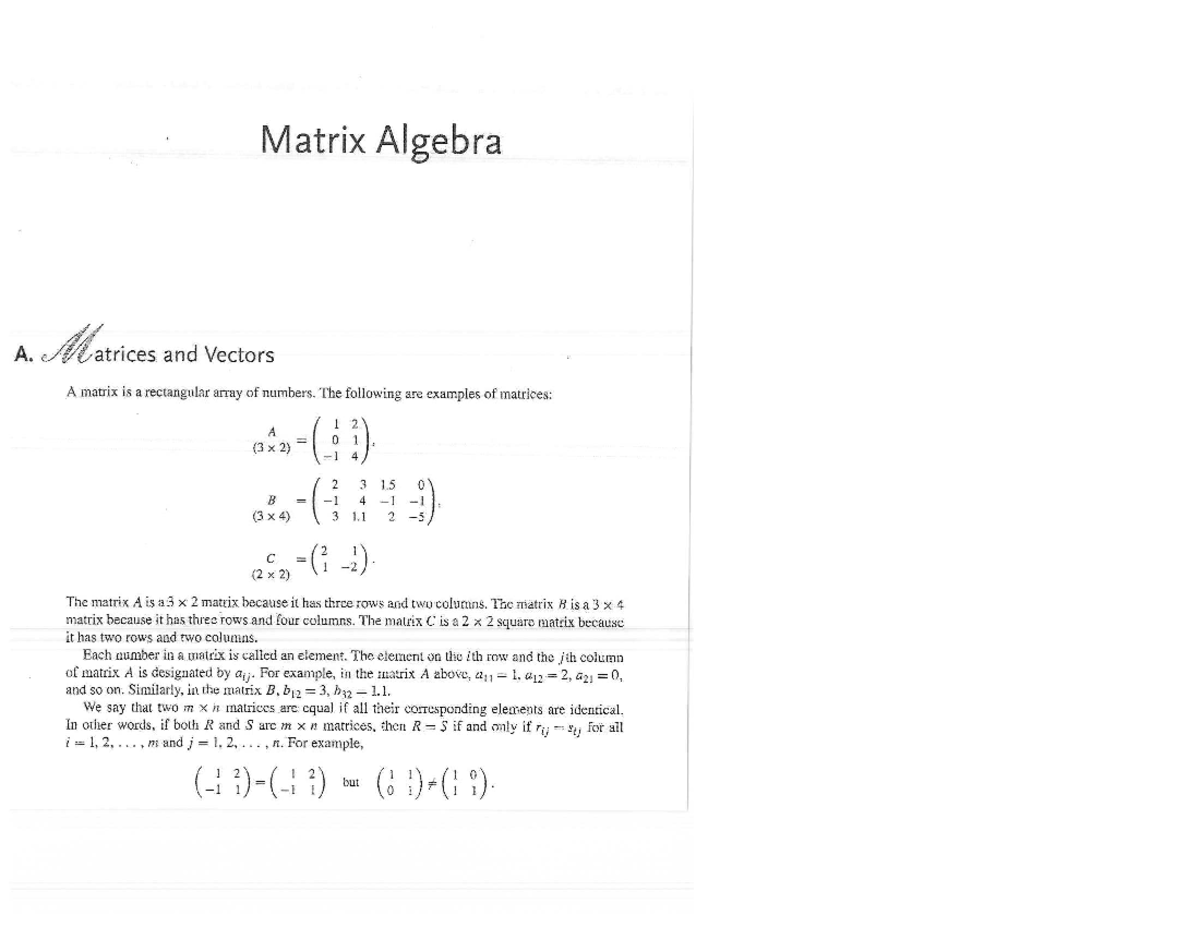 Ch0 Introduction Matrix Algebra 1 - Matrix Algebra # If A. i/ﬂéatrices ...