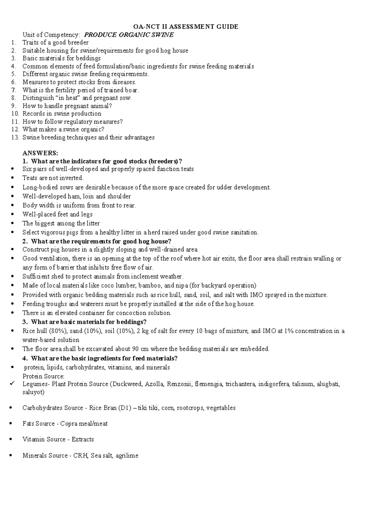 OA NC II Q&A Swine-1 - OA-NCT II ASSESSMENT GUIDE Unit of Competency ...