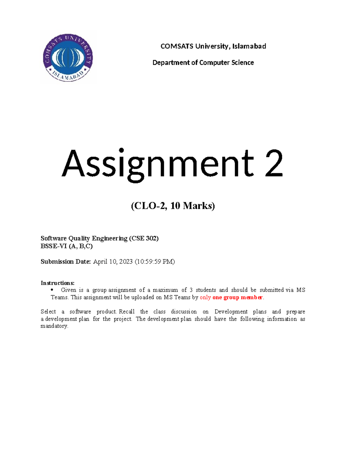 Assignment 2 SQE-V2 - COMSATS University, Islamabad Department of Computer Science Assignment 2 ...