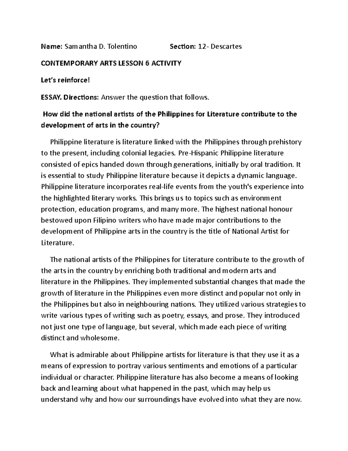 Contemporary Lesson 6 Activity - Name: Samantha D. Tolentino Section ...