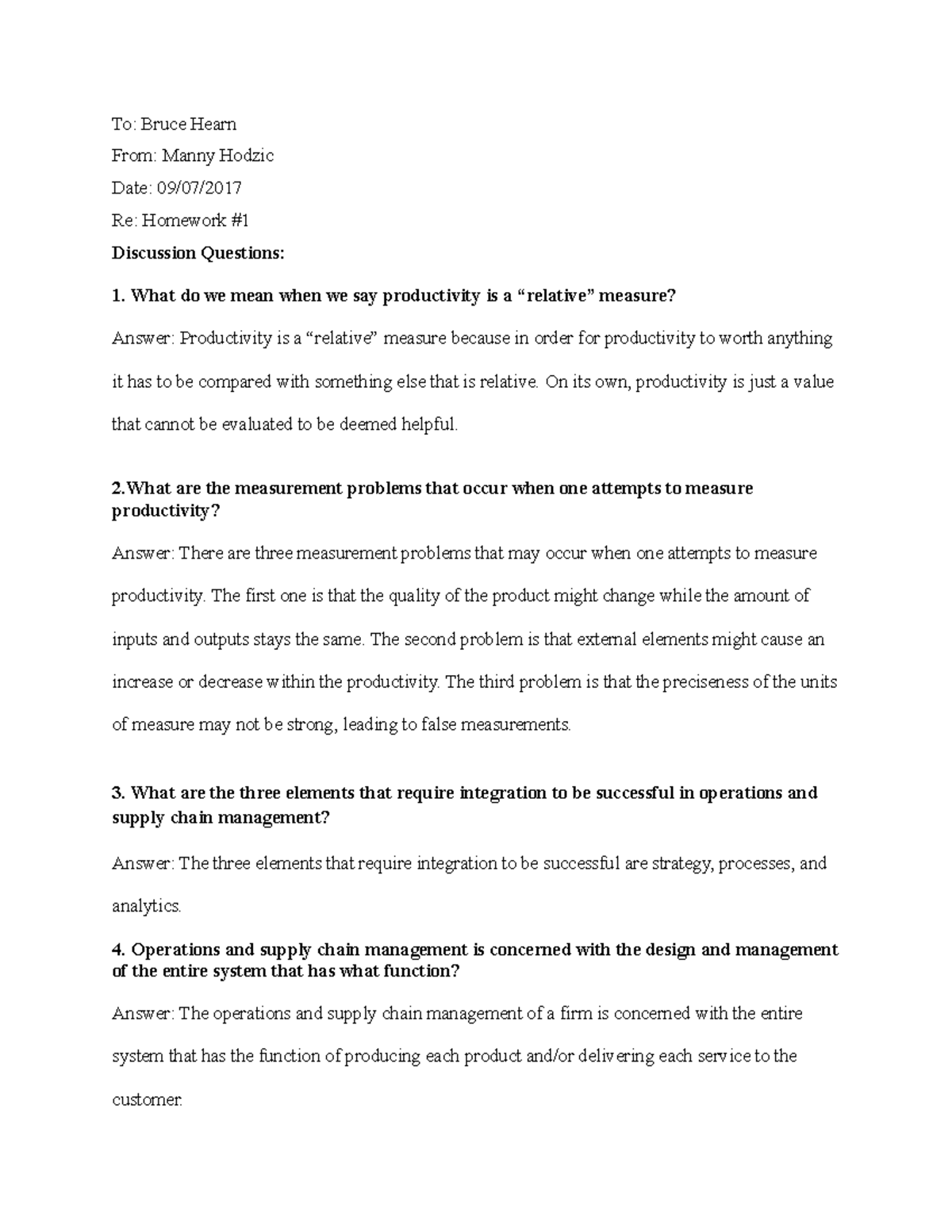 MGT 302 Homework 1 - Completed assignment - To: Bruce Hearn From: Manny ...