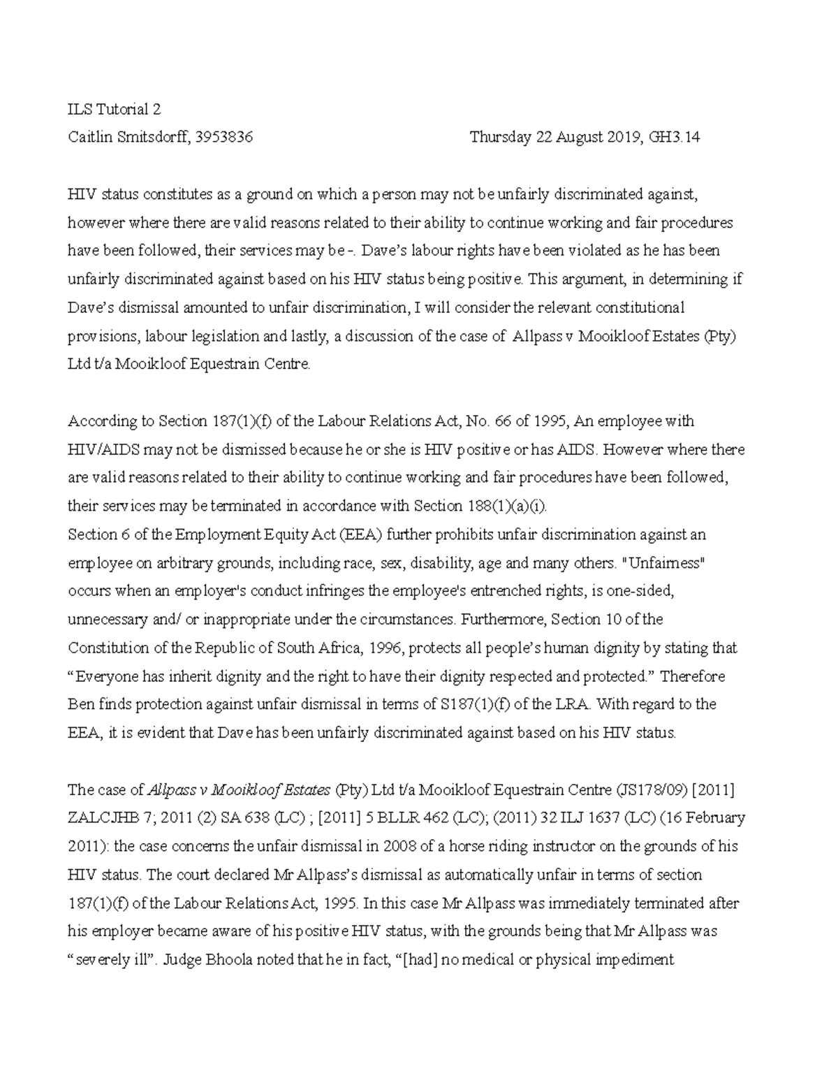 ILS Tutorial 2- HIV and the Law - ILS Tutorial 2 Caitlin Smitsdorff, 3953836 Thursday 22 August ...