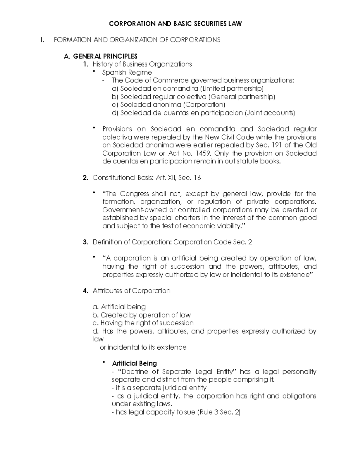 Corporation AND Basic Securities LAW notes - CORPORATION AND BASIC ...